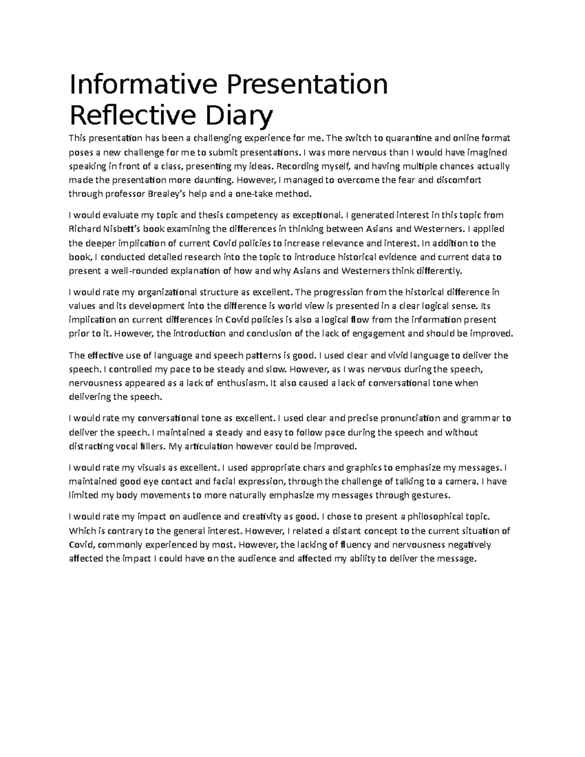 Informative Presentation Reflective Diary - Informative Presentation ...
