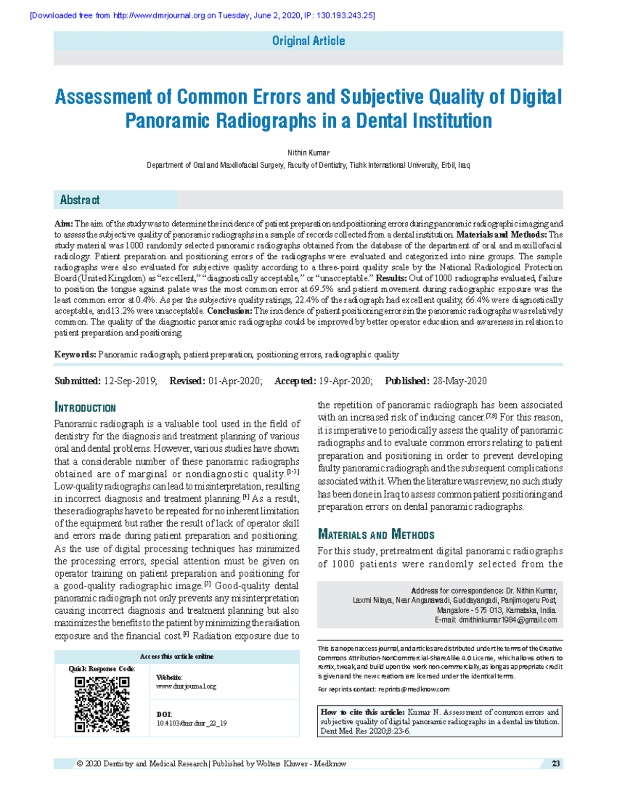 Dent Med Res 2020-Assessment of Common Errors OPG - © 2020 Dentistry ...