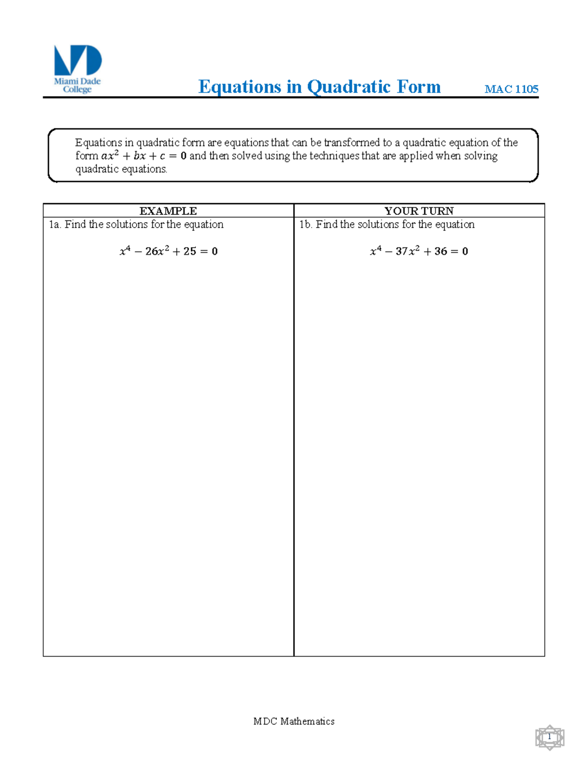 MAC1105Equations in Quadratic Form Sec - Equations in Quadratic Form ...