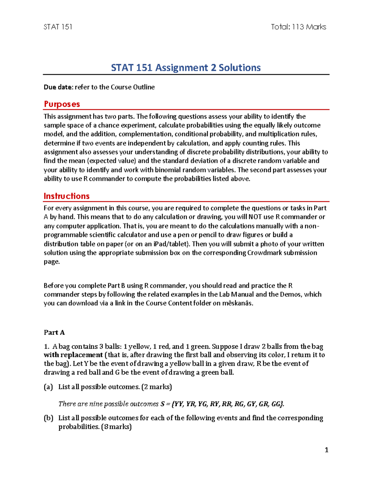 Assignment 2 Fall2022v2 - STAT 151 Assignment 2 Solutions Due date: refer to the Course Outline ...