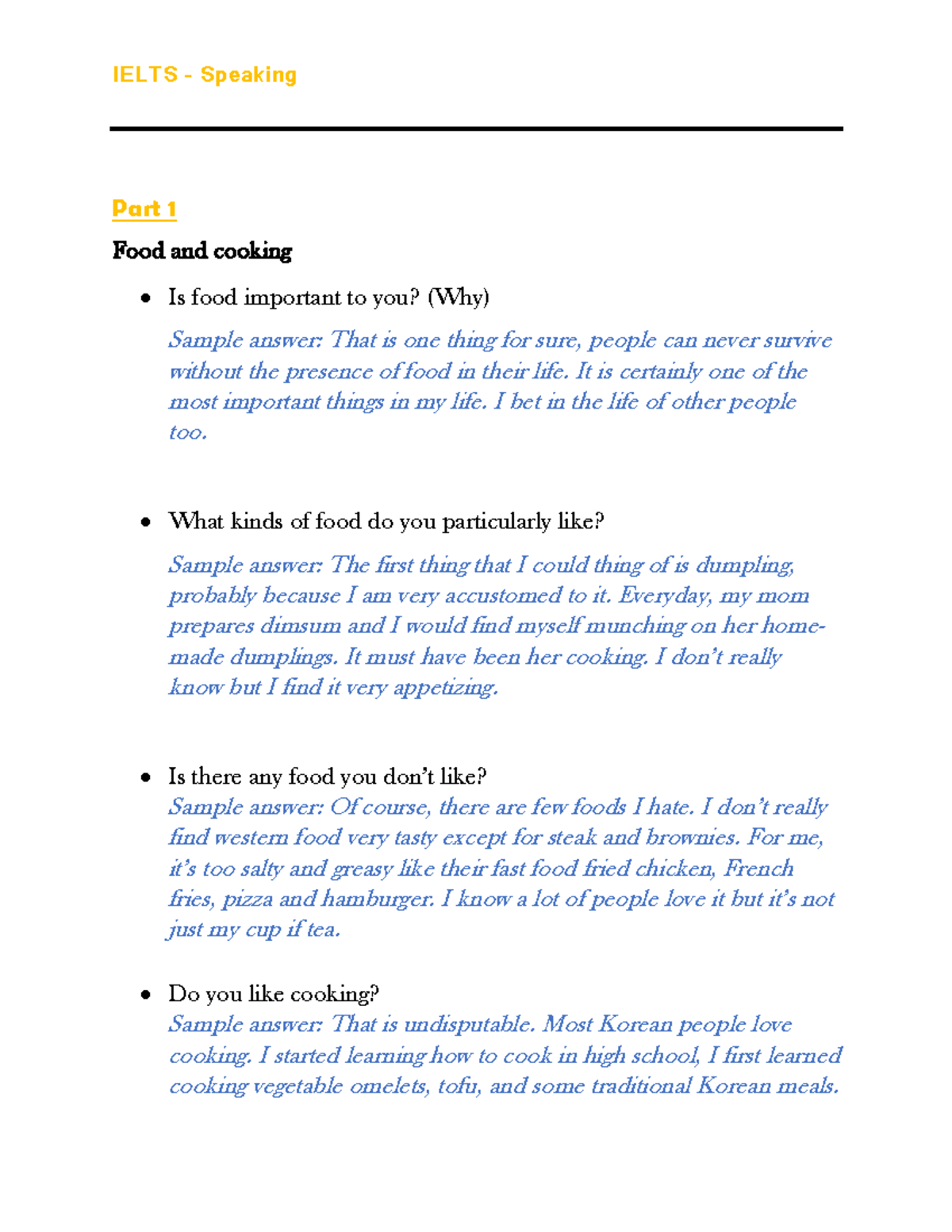 Ielts 1 - goodluck - Part 1 Food and cooking Is food important to you ...