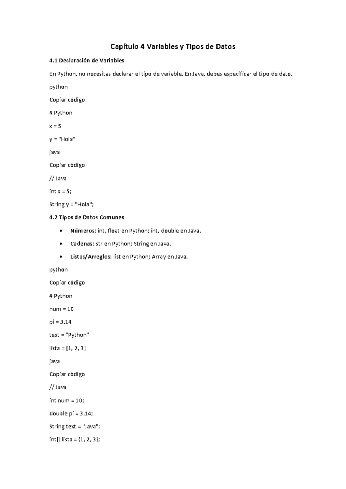 4Capítulo 4 Variables y Tipos de Datos - En Java, debes especificar el ...