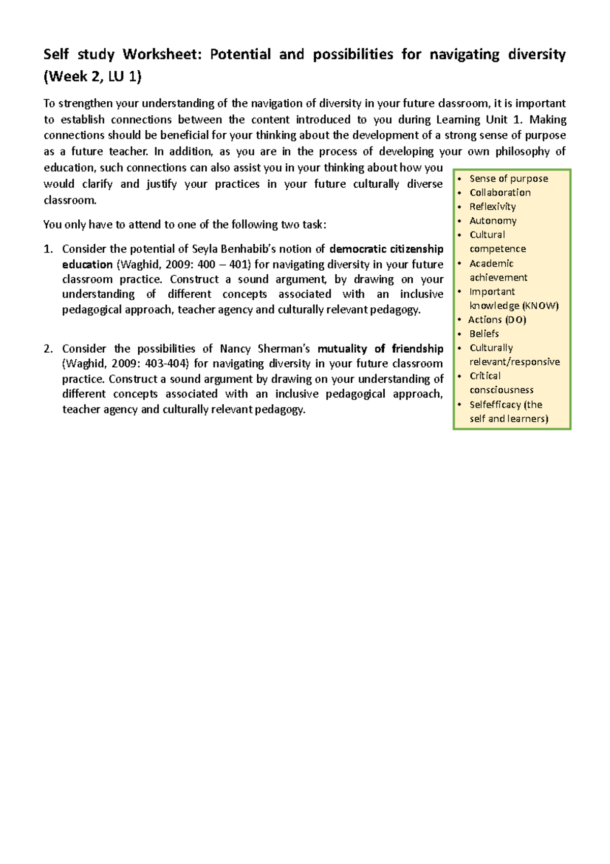 Self study Worksheet Potential and possibilities (week 2, LU 1 ...