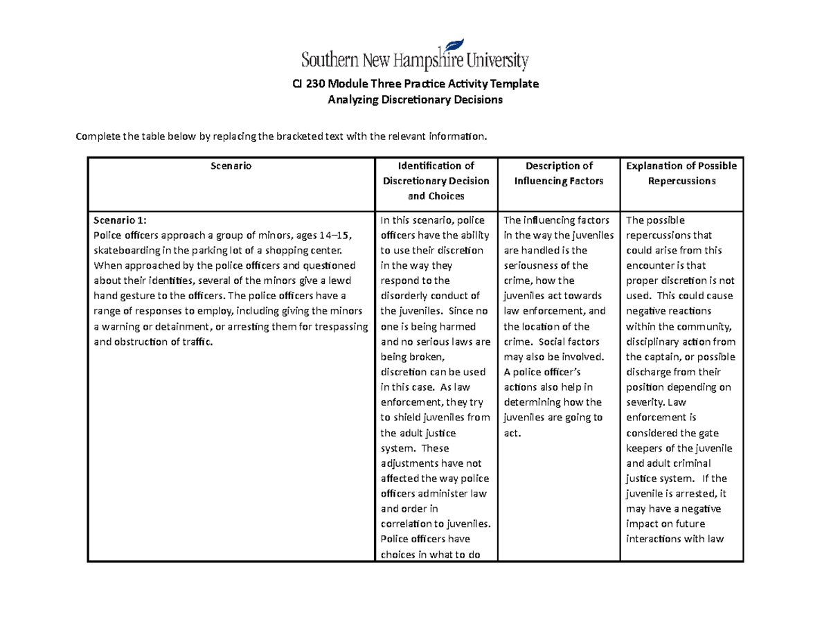 CJ 230 Module Three Practice Activity - Scenario Identification of ...