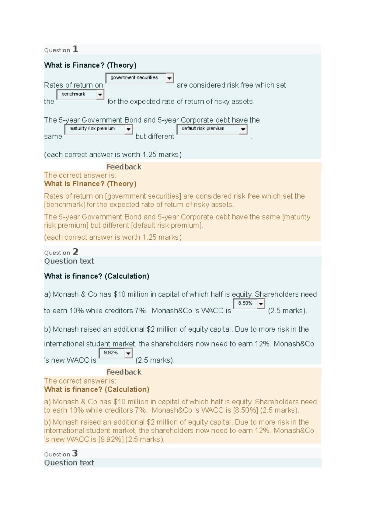 Practice Test - Question 1 What is Finance? (Theory) Rates of return on ...
