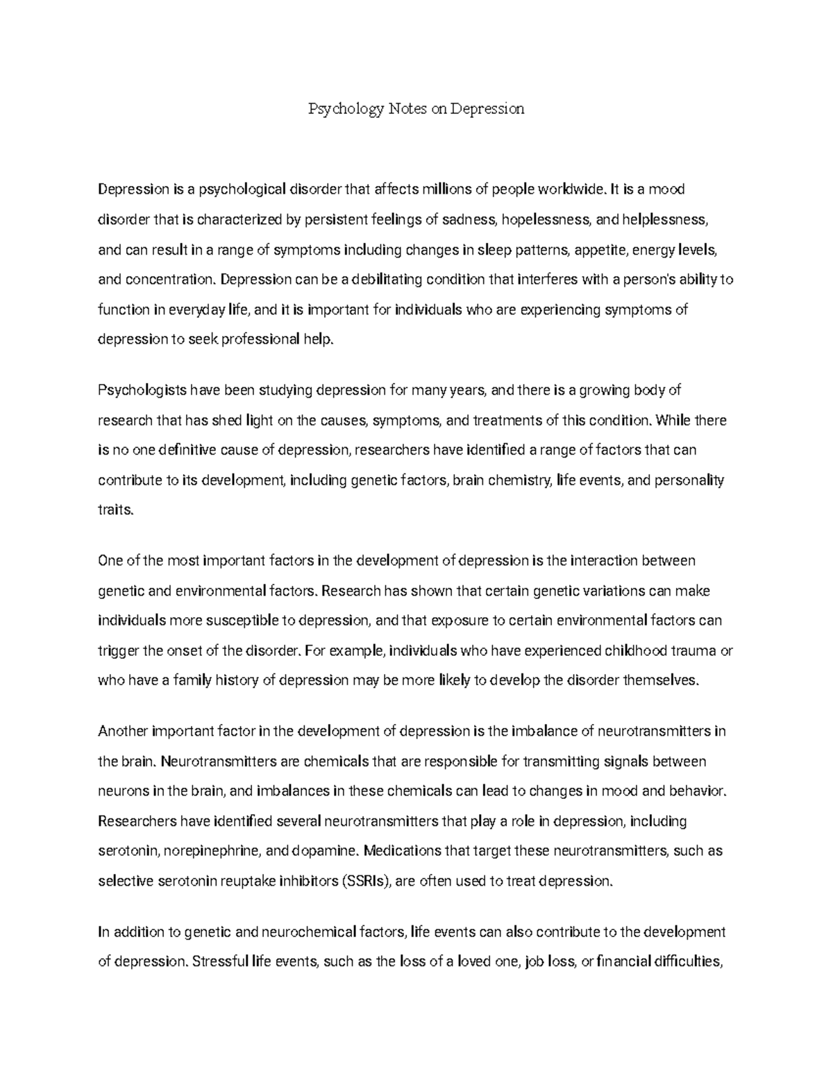 Depression Notes - Psychology Notes on Depression Depression is a ...