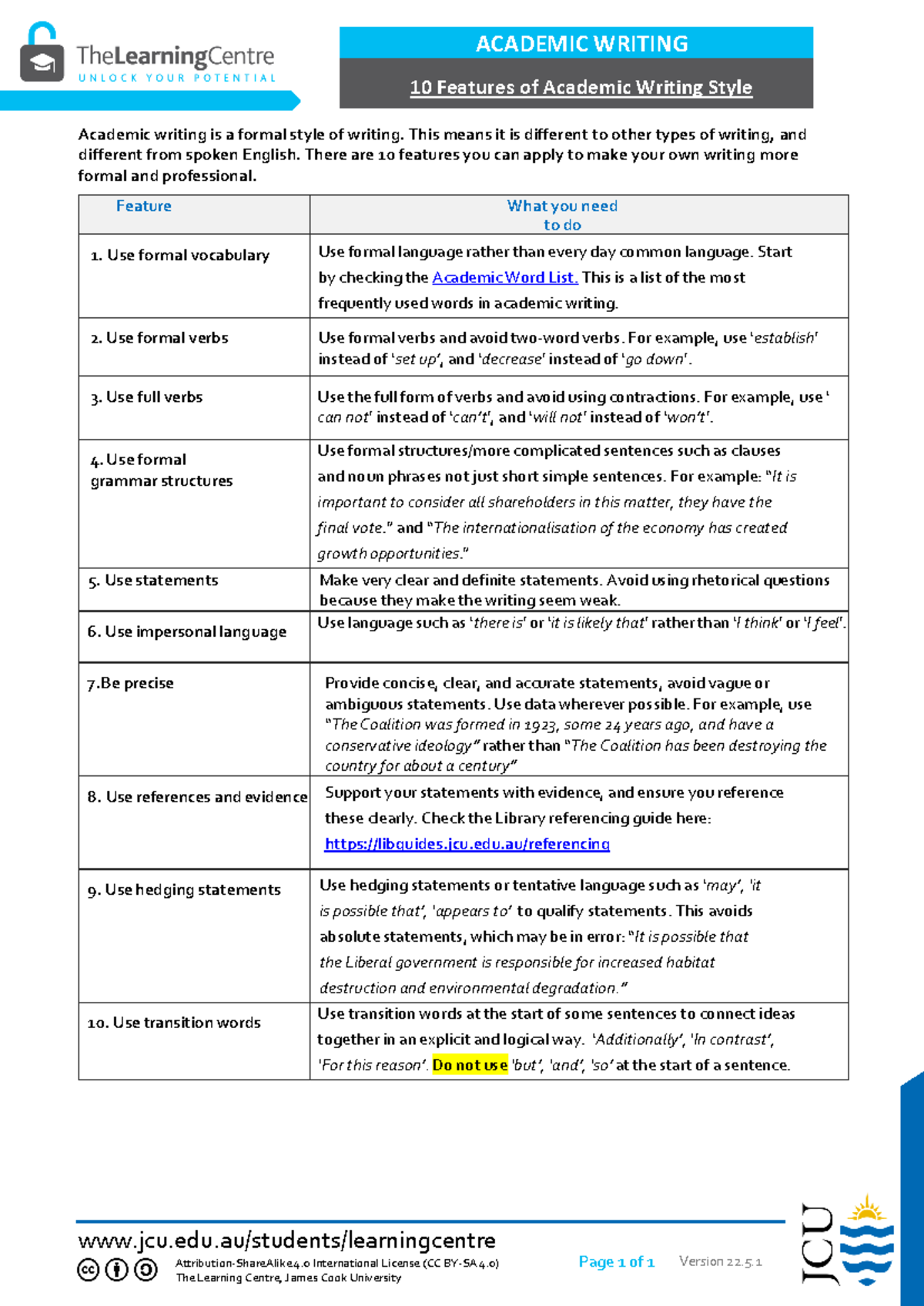 10 Features of Academic Writing Style - jcu.edu/students/learningcentre ...