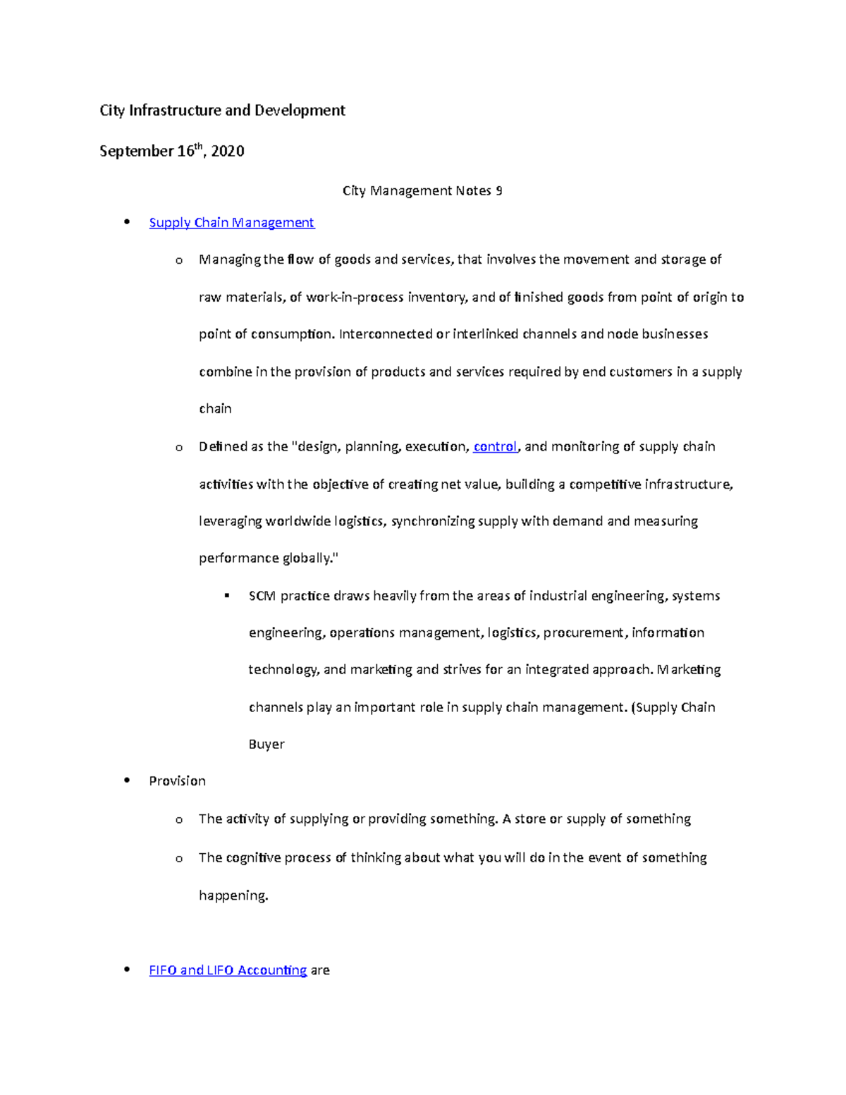 City Managment Notes 9 - City Infrastructure and Development September ...