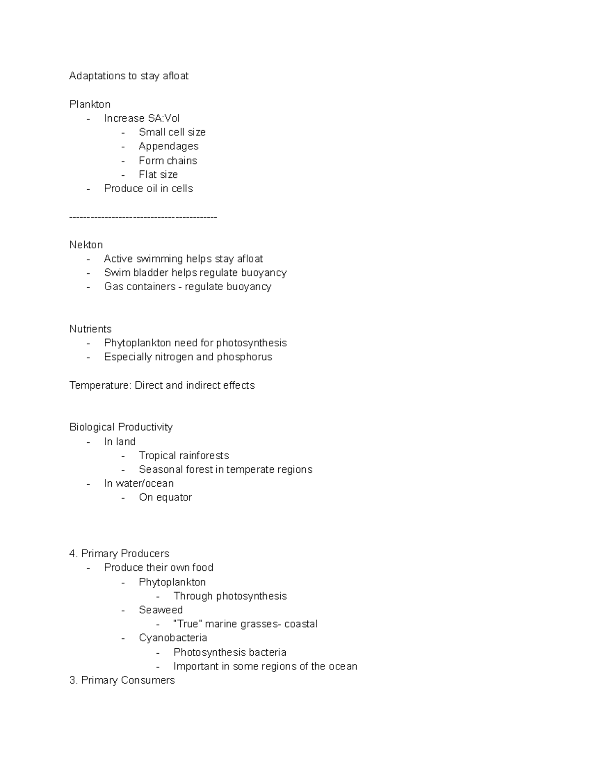 Planktons Notes - Adaptations to stay afloat Plankton - Increase SA:Vol ...