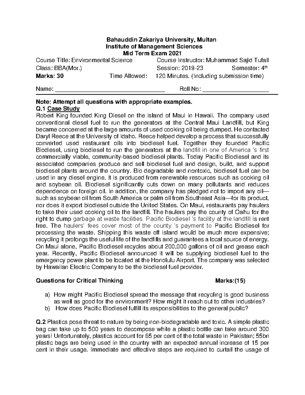 Env Sci - This is summary - Bahauddin Zakariya University, Multan Institute of Management ...