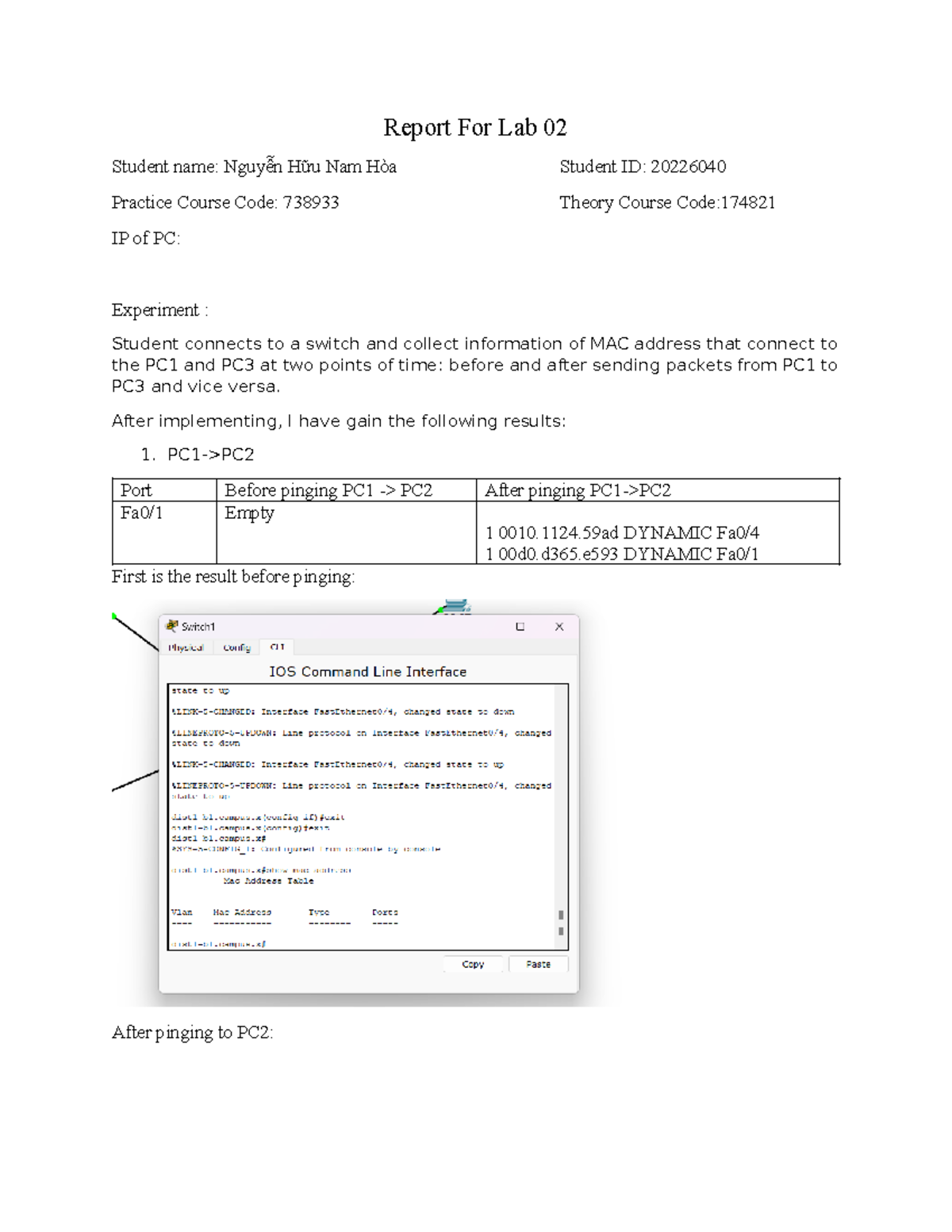 Lab02 Nguyen Huu Nam Hoa 20226040 - Report For Lab 02 Student name ...
