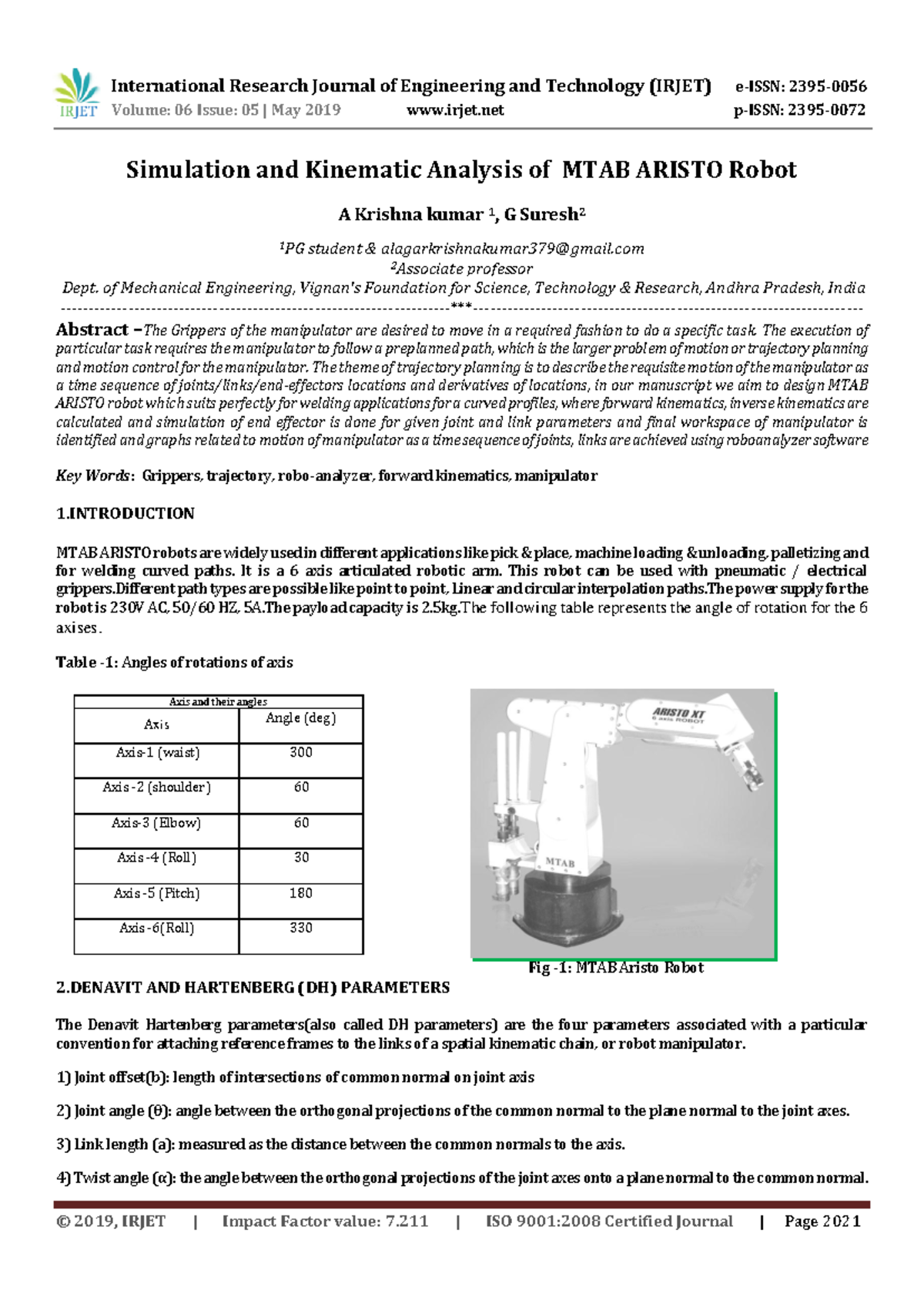 Irjet-V6I5392 - Kinematic Analysis of ARISTO Robot using Robo Analyzer ...