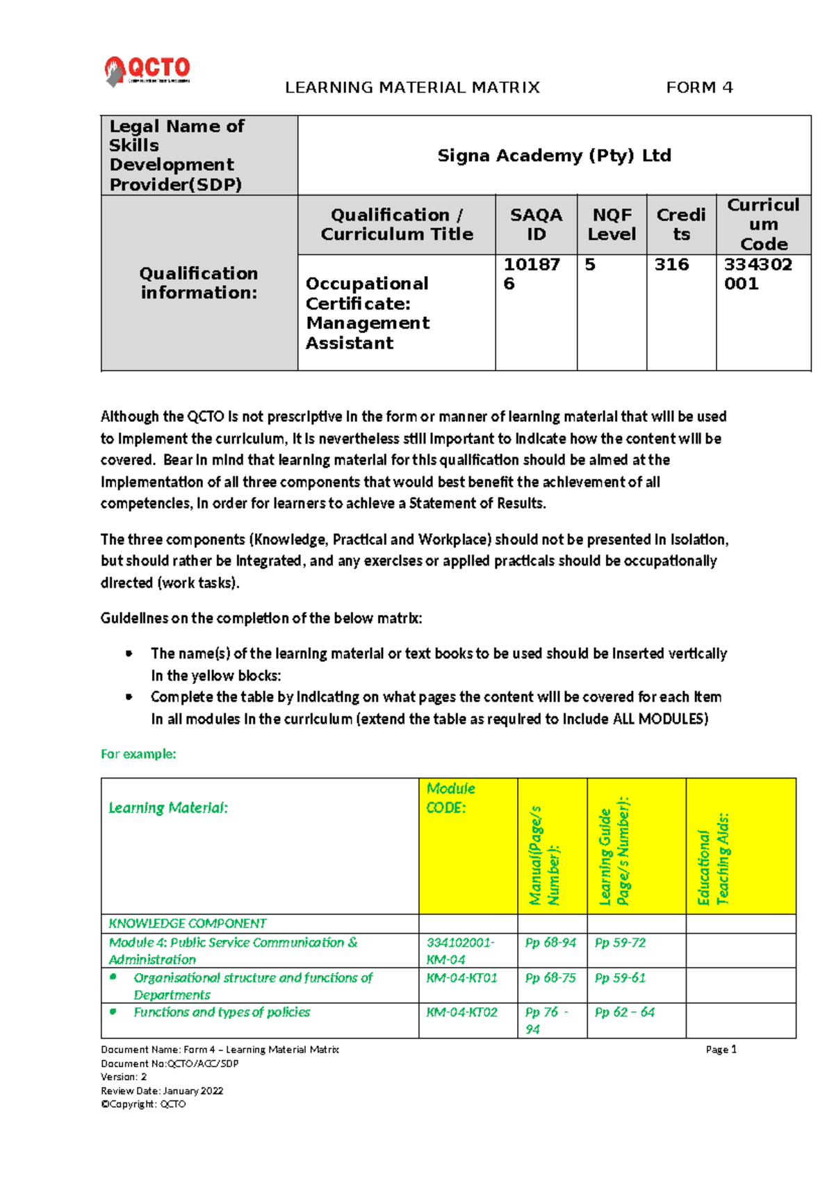 Form 4 - Learning Material Matrix - Management Assistant - Legal Name ...