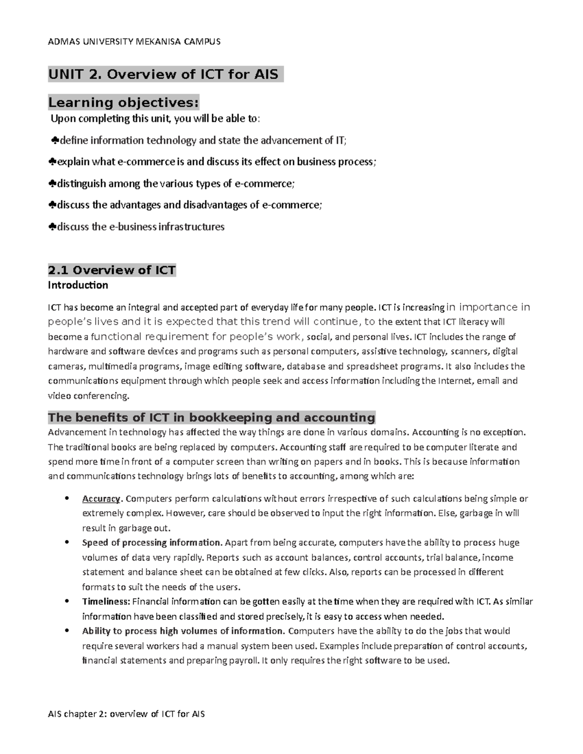 Ais - UNIT 2. Overview of ICT for AIS Learning objectives: Upon ...