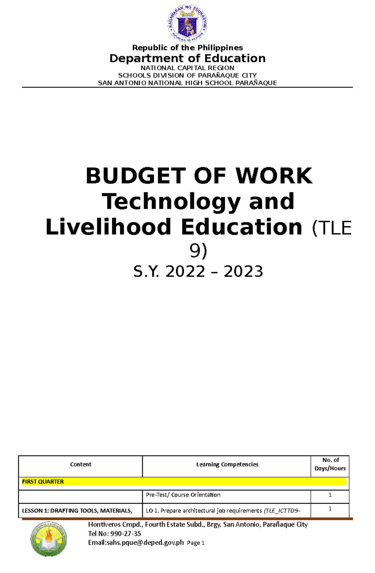 TLE Budget of Work Grade 8 - Department of Education NATIONAL CAPITAL ...