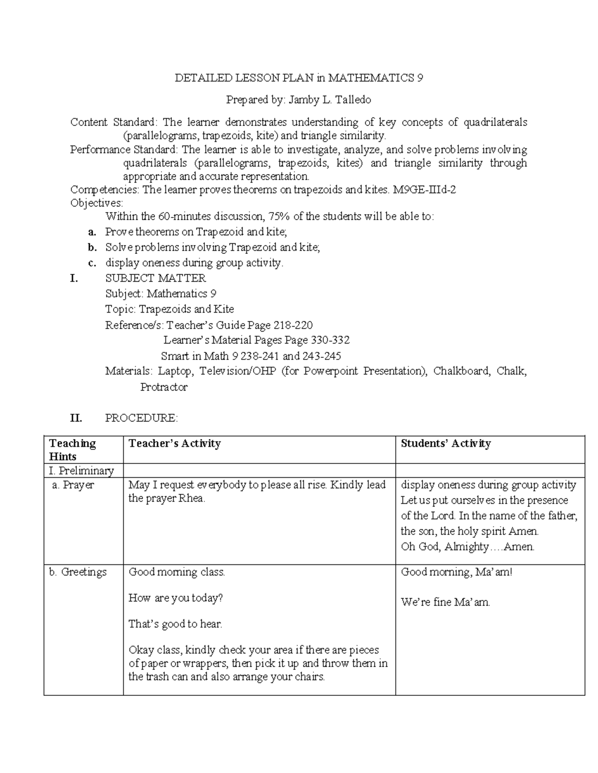 Kites and Trapezoid - grade 9 - DETAILED LESSON PLAN in MATHEMATICS 9 ...
