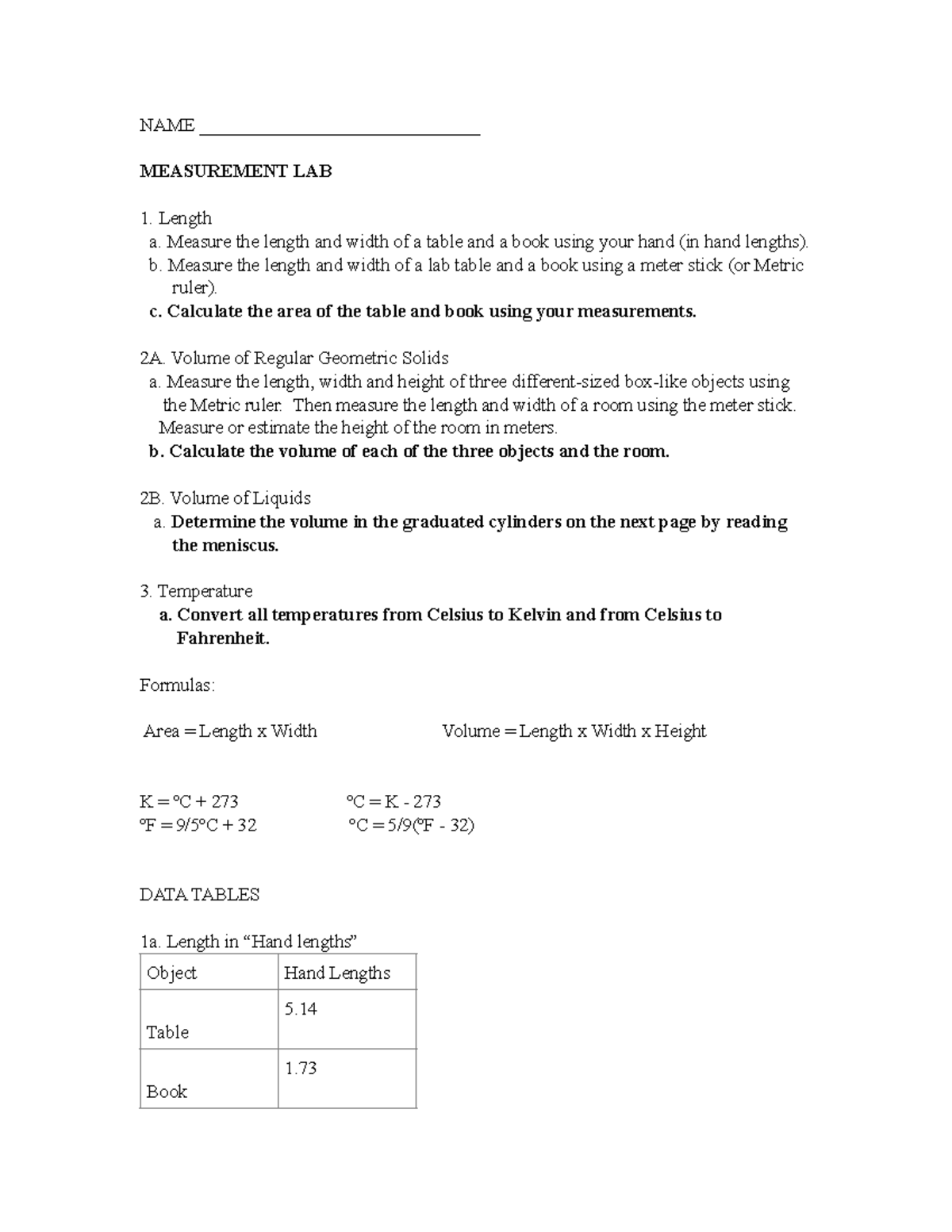 Chemistry measurements - NAME ...