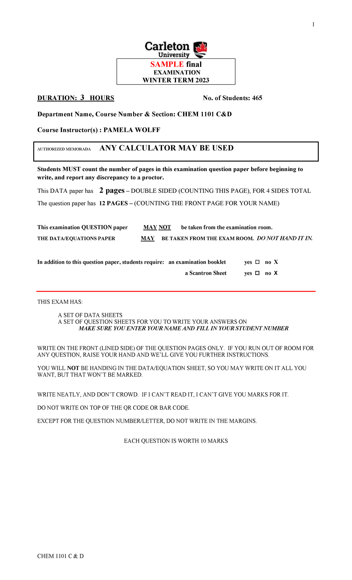 Sample final exam for fall 2023 - 1 CHEM 1101 C & D SAMPLE final ...