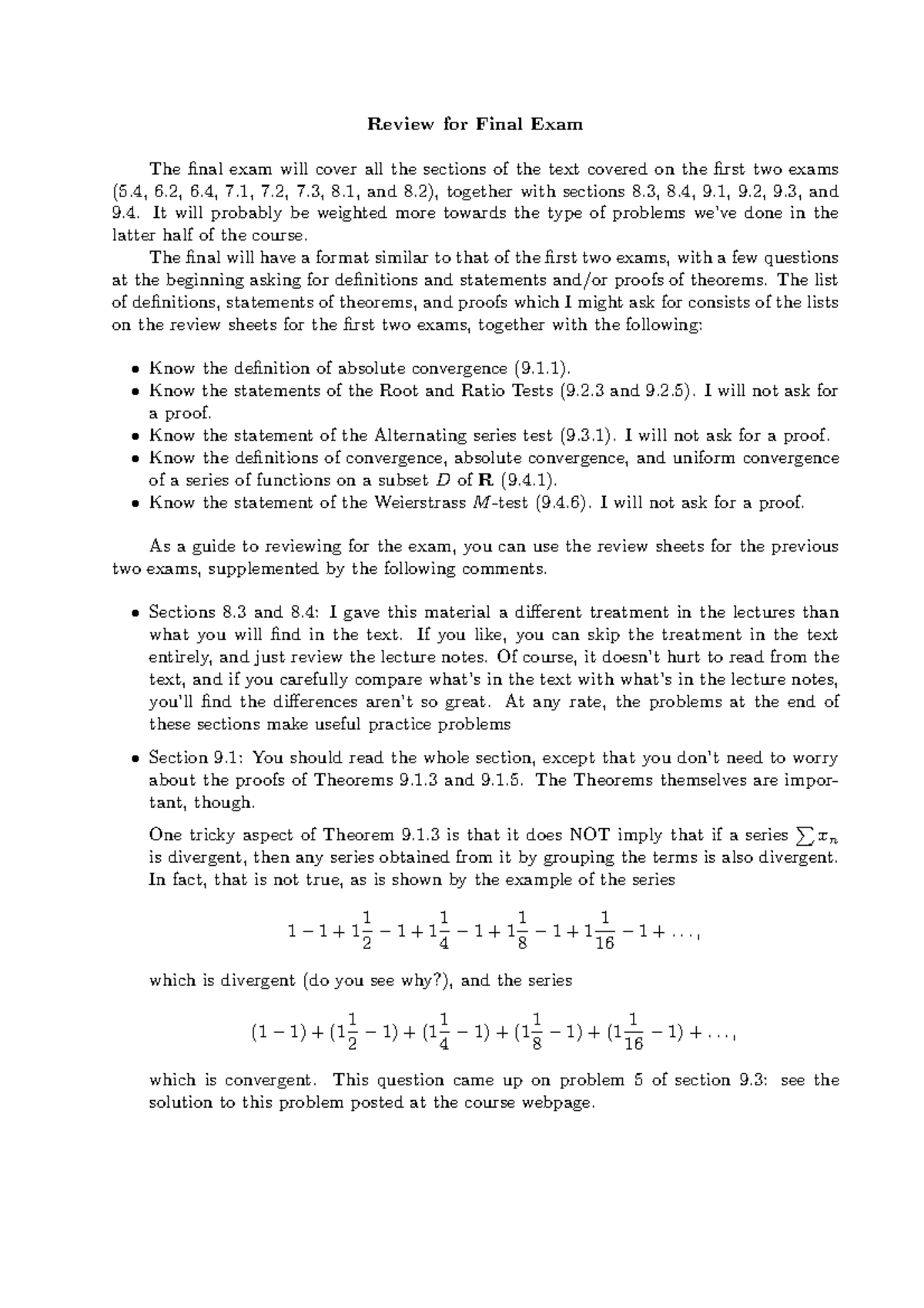 Math 4443 2009 extra - review for final exam - Review for Final Exam ...