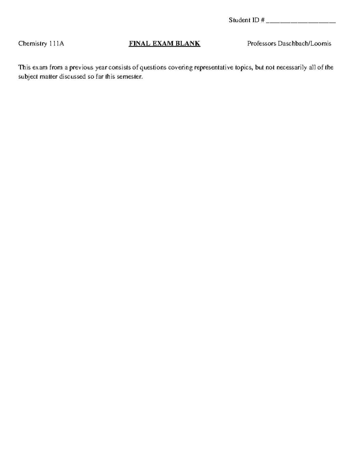 Previous Final Exam Blank Chem 111 Fall 2022 - Student ID ...