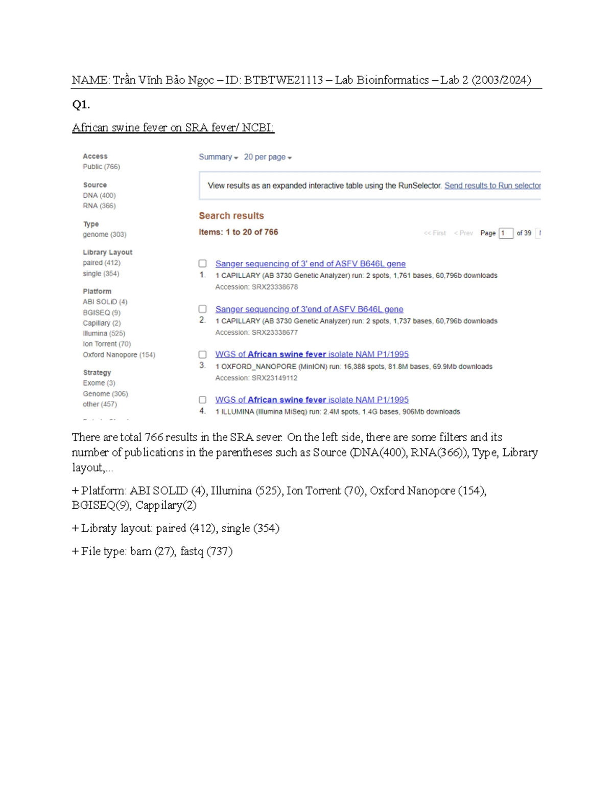 HW2 Lab Bioinformatics - NAME: Trần Vĩnh Bảo Ngọc – ID: BTBTWE21113 – Lab Bioinformatics – Lab 2 ...