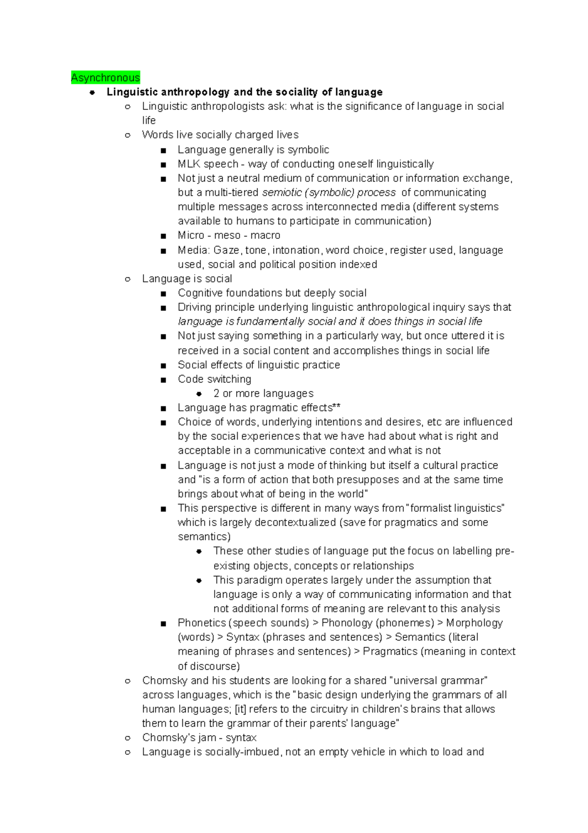 Lecture 4 Language Asynchronous Linguistic Anthropology And The
