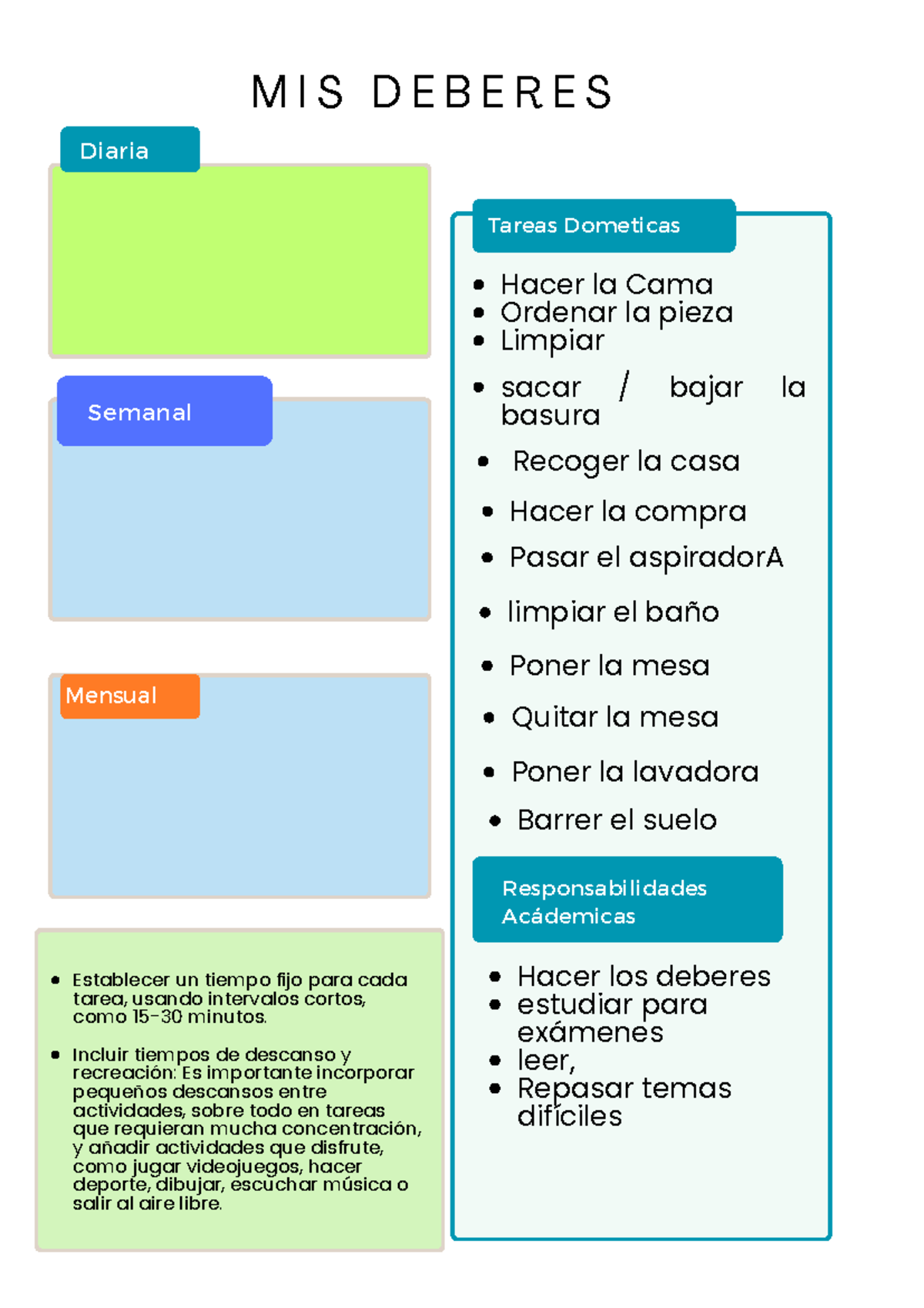 Mis deberes - Actividad practica - Diaria Mensual Tareas Dometicas M I ...
