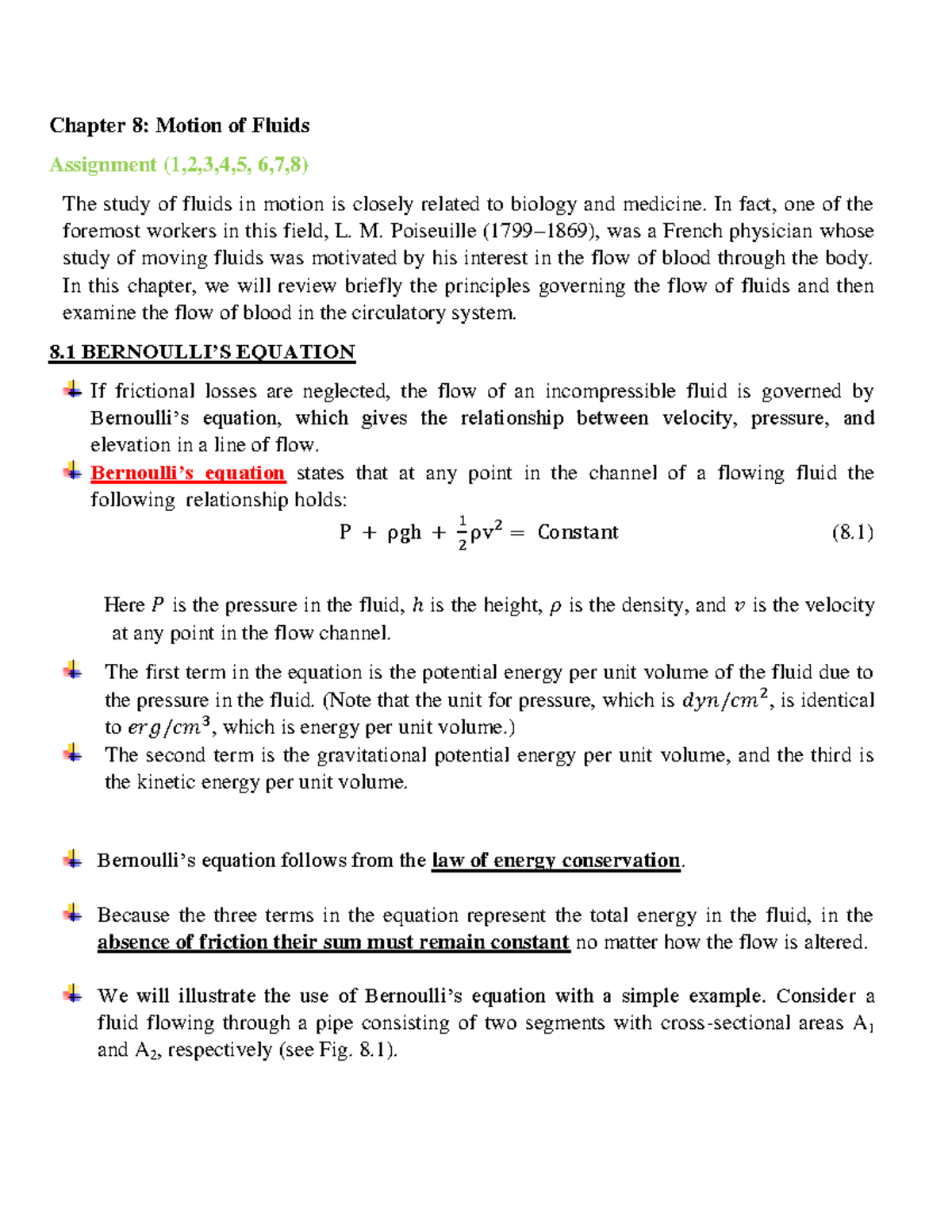 Chapter 8 -Motion of Fluids - Chapter 8: Motion of Fluids Assignment (1 ...