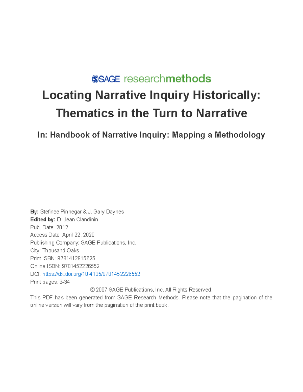 Handboof OF Narrative Inquiry Chapter 1 ( Locating Narrative Inquiry ...