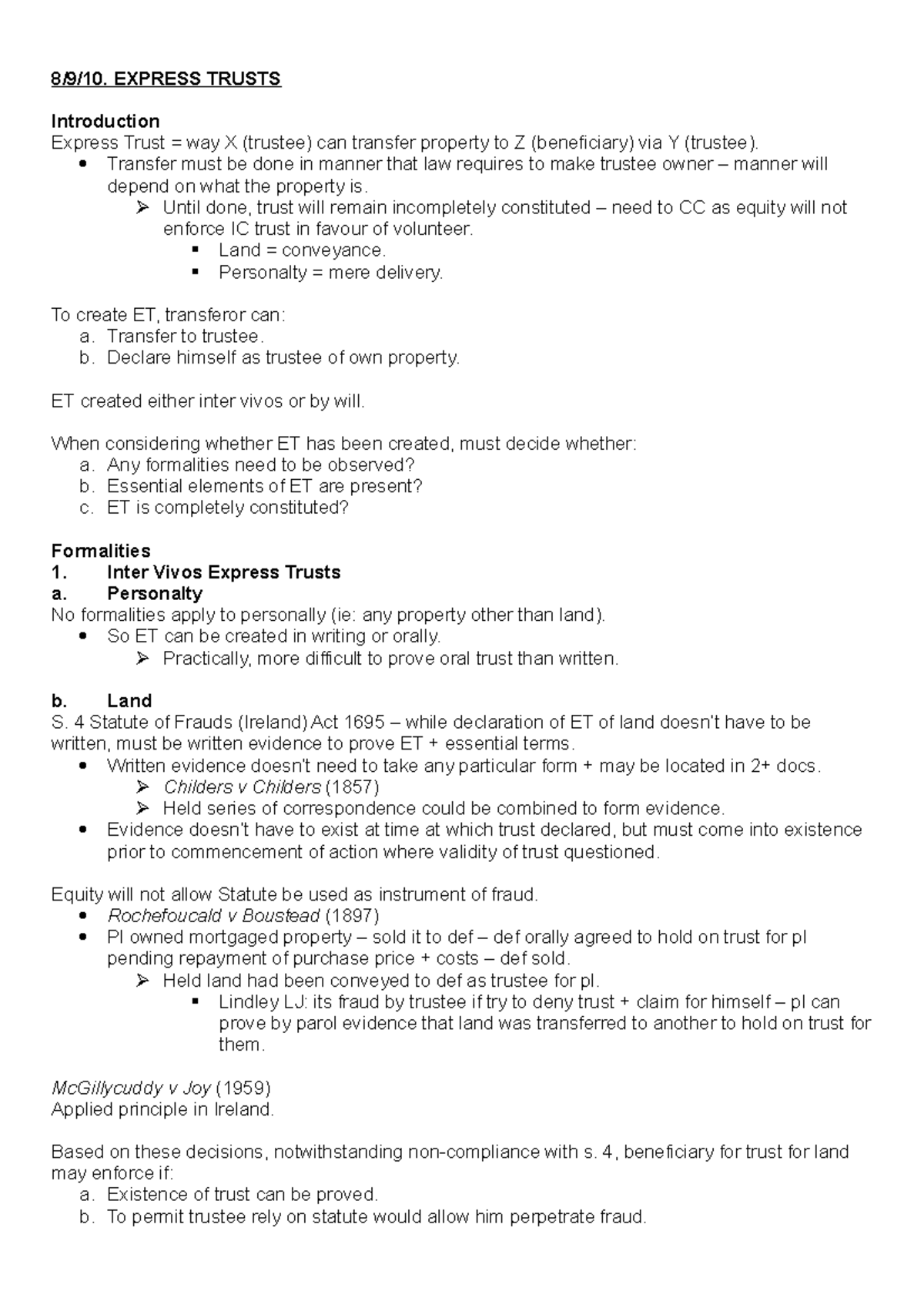 7 Express Trusts summary notes from Equity course - 8/9/10. EXPRESS ...