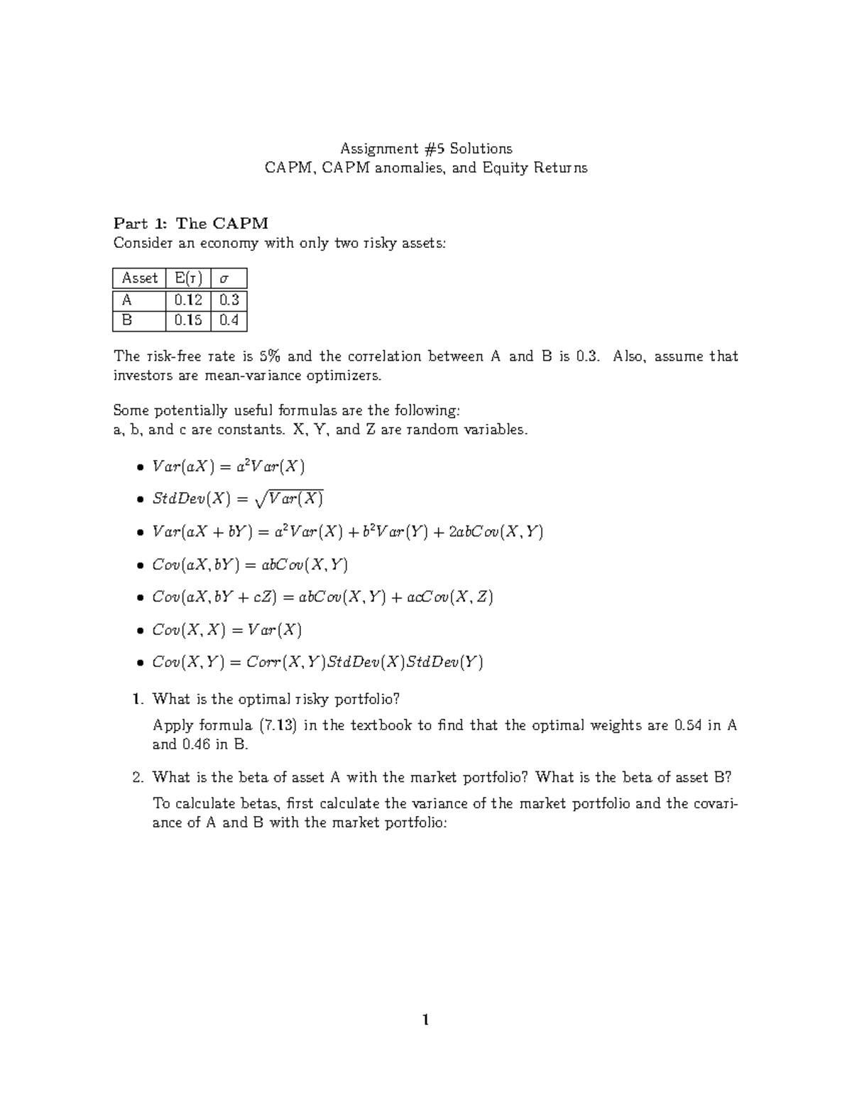 FIN 305 Assignment 5 Solution - Assignment # 5 Solutions CAPM, CAPM ...