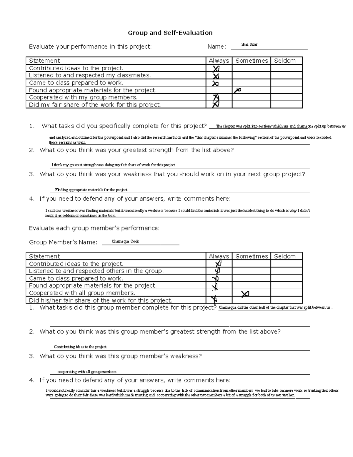 Evaluation Form - Group and Self-Evaluation Evaluate your performance ...