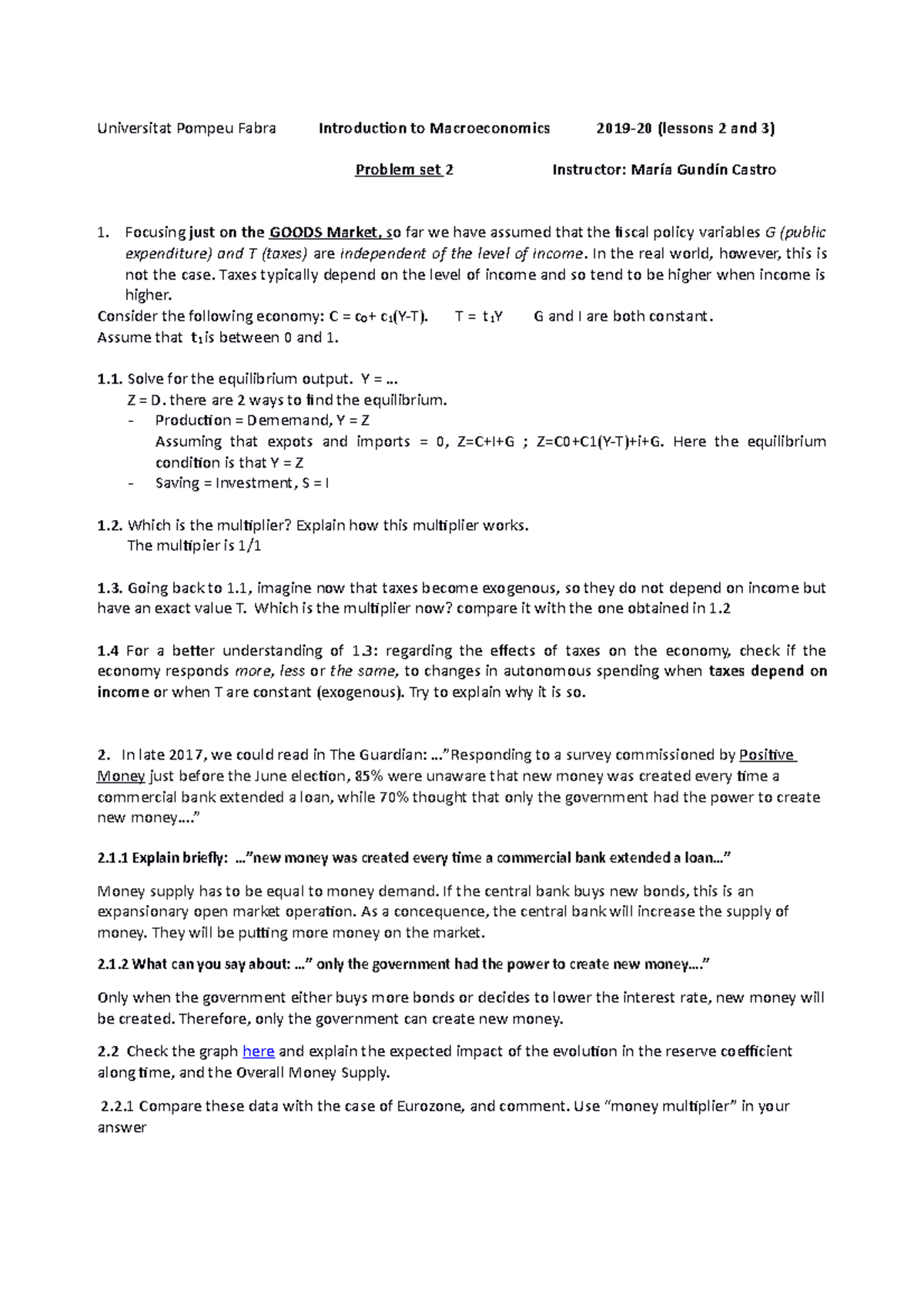 Problem Set 2 - Universitat Pompeu Fabra Introduction to Macroeconomics 2019-20 (lessons 2 and 3 ...