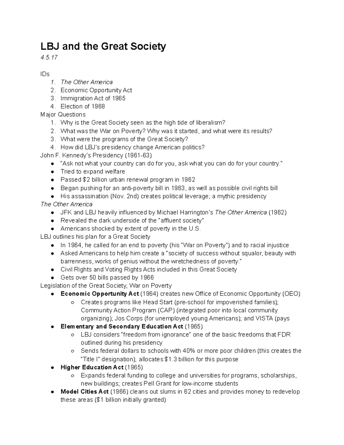 LBJ and the Great Society - IDs 1. The Other America 2. Economic ...