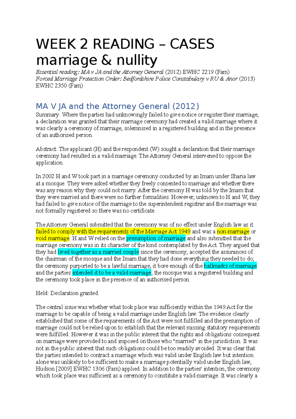WEEK 2 Reading - family law lecture - WEEK 2 READING – CASES marriage & nullity Essential - Studocu
