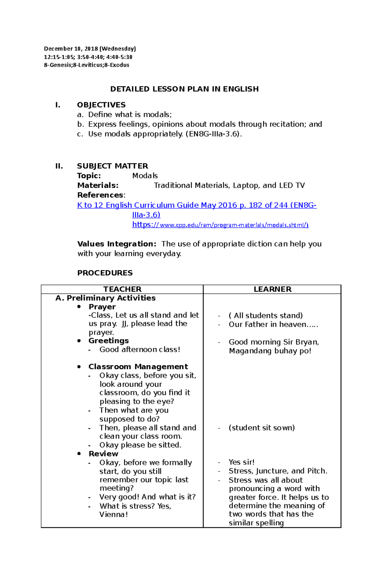 Modals Lesson Plan - December 10, 2018 (Wednesday) 12:15-1:05; 3:50-4: ...