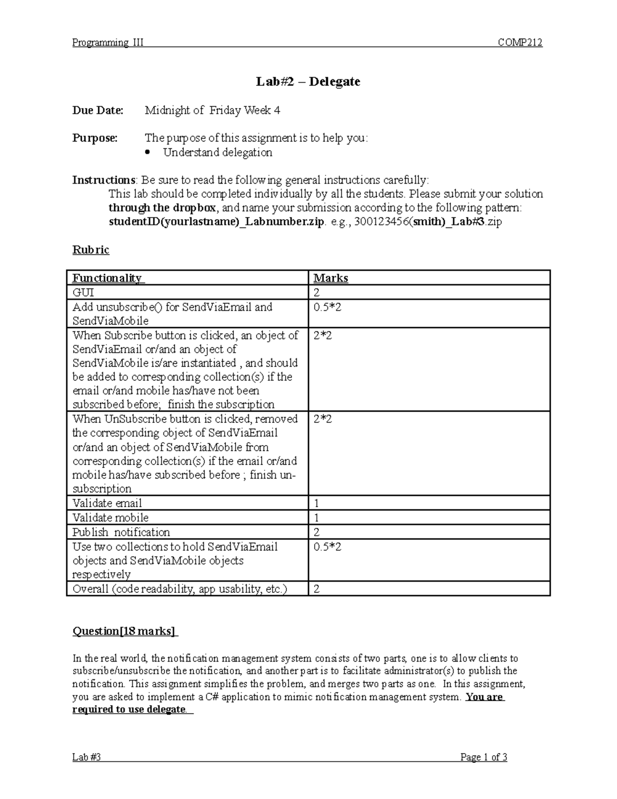 COMP212 - Week 2 - Lab#2 - Delegate - 2020-10-19 - Programming III COMP Lab#2 – Delegate Due ...