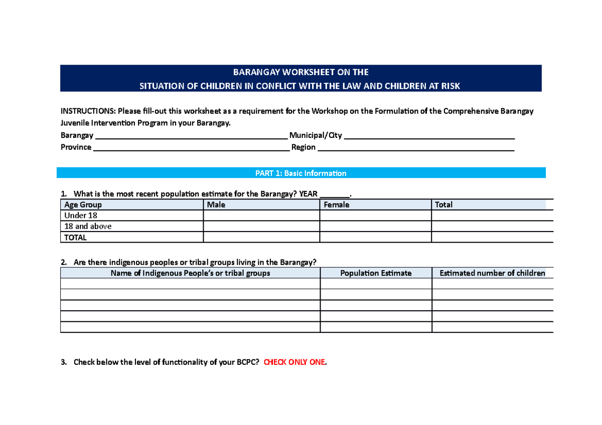Revised Barangay Worksheet ON THE Sitan OF CICL - BARANGAY WORKSHEET ON ...