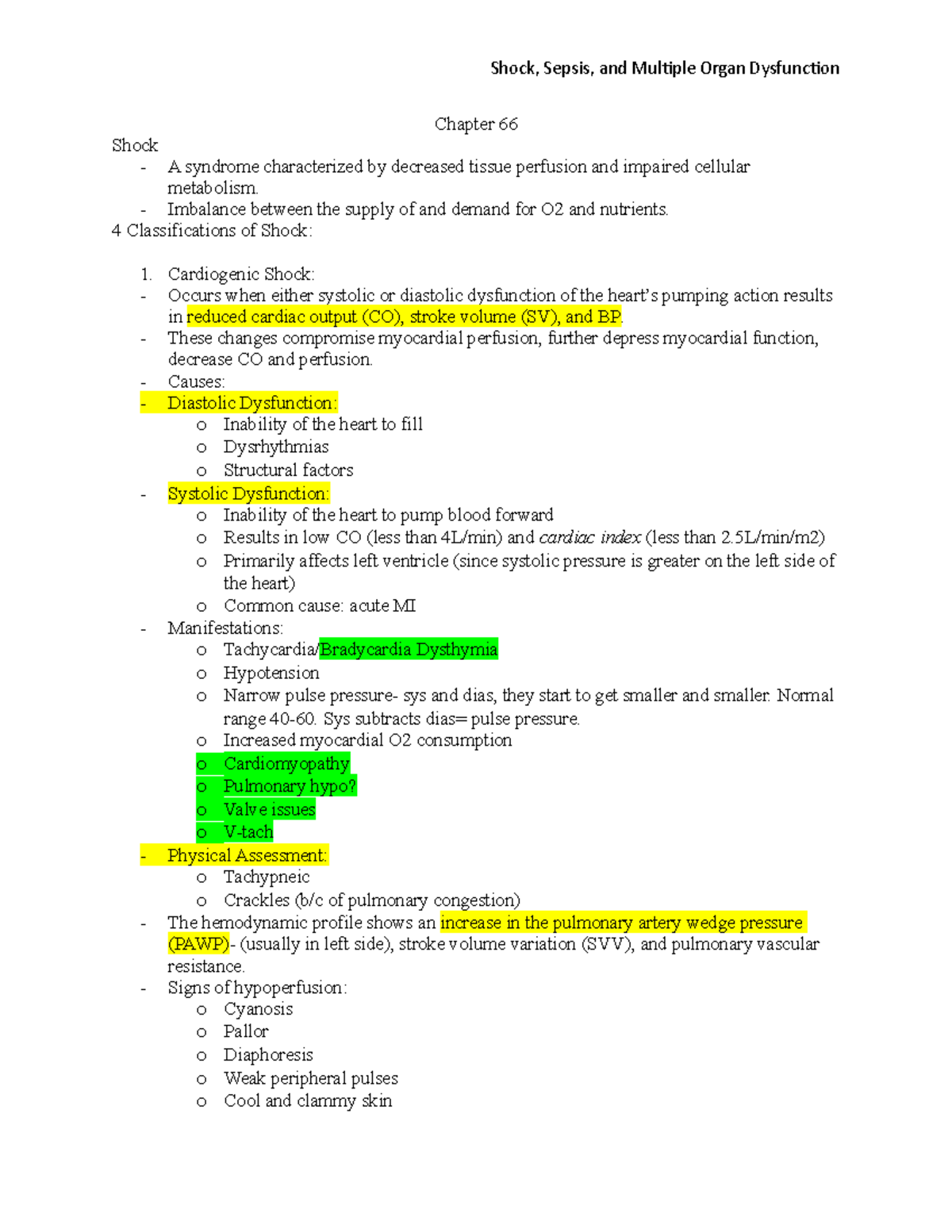 Shock Notes - Shock, Sepsis, and Multiple Organ Dysfunction Chapter 66 ...