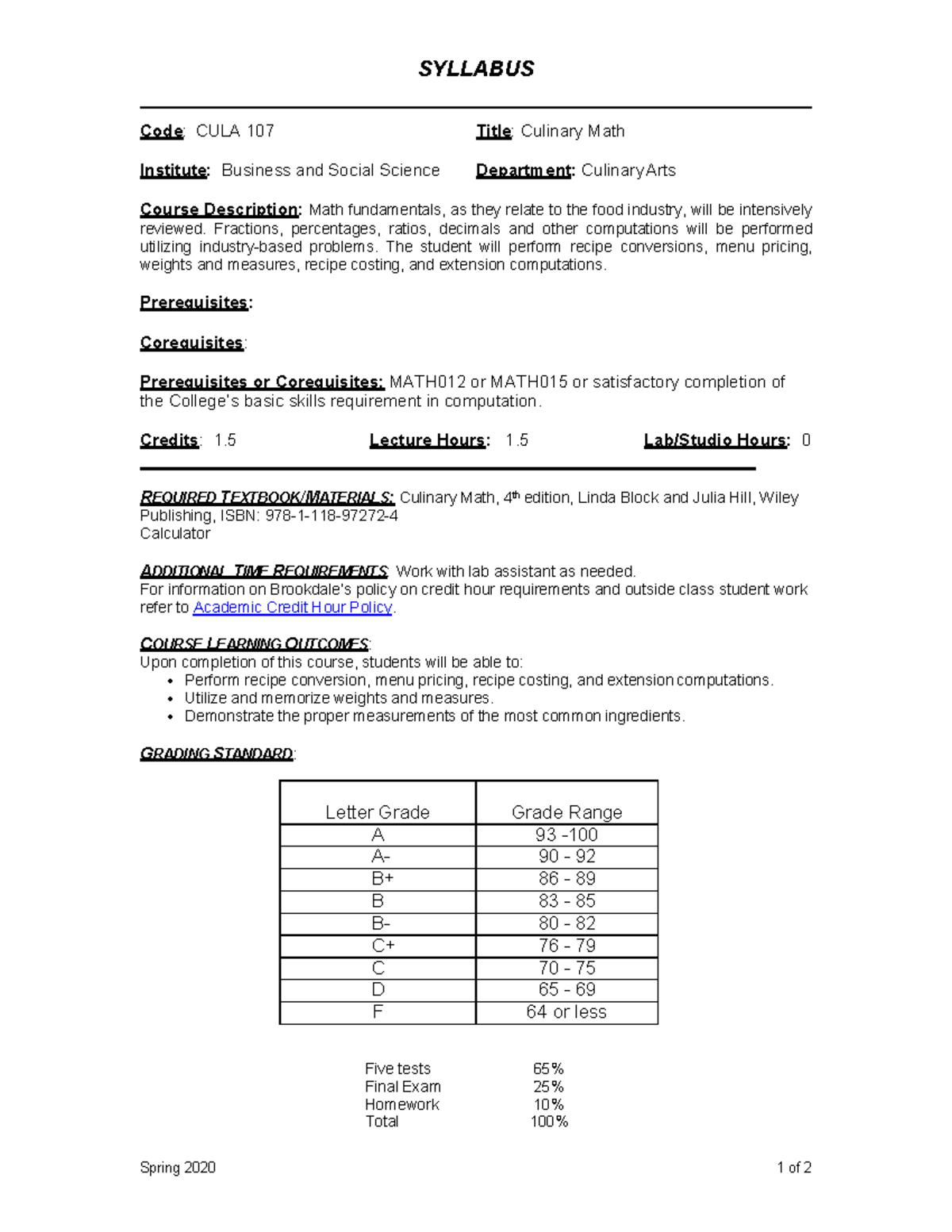 CULA-107 - No comment - SYLLABUS Spring 2020 1 of 2 Code: CULA 107 Title: Culinary Math ...