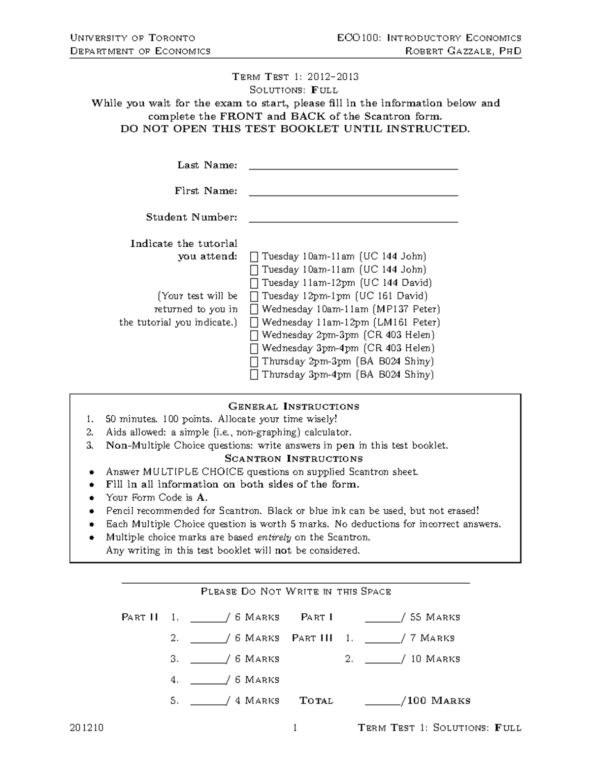 eco 101 Term Test1 Gazzale 2012 with solution - University of Toronto ...