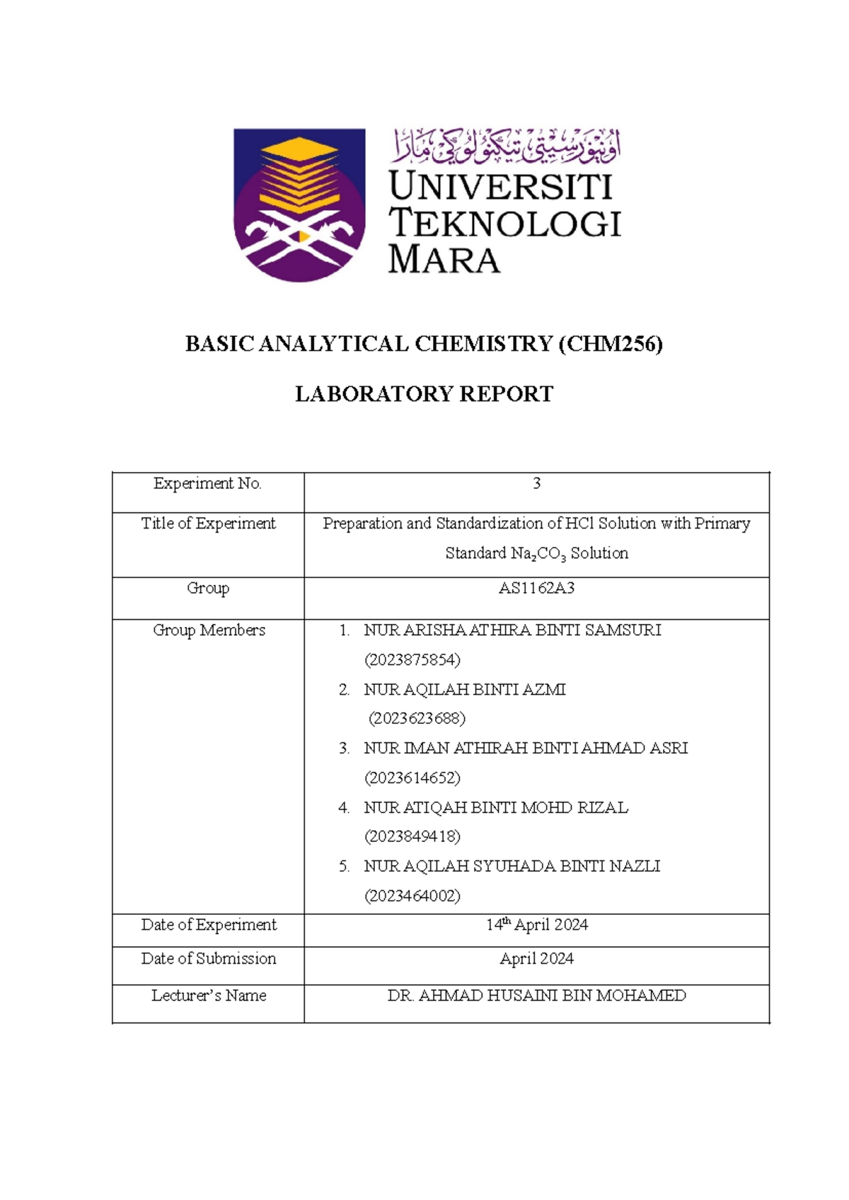 PREPARATION AND STANCARZATION OF HCL SOLUTION WITH PRIMARY STANDARD ...