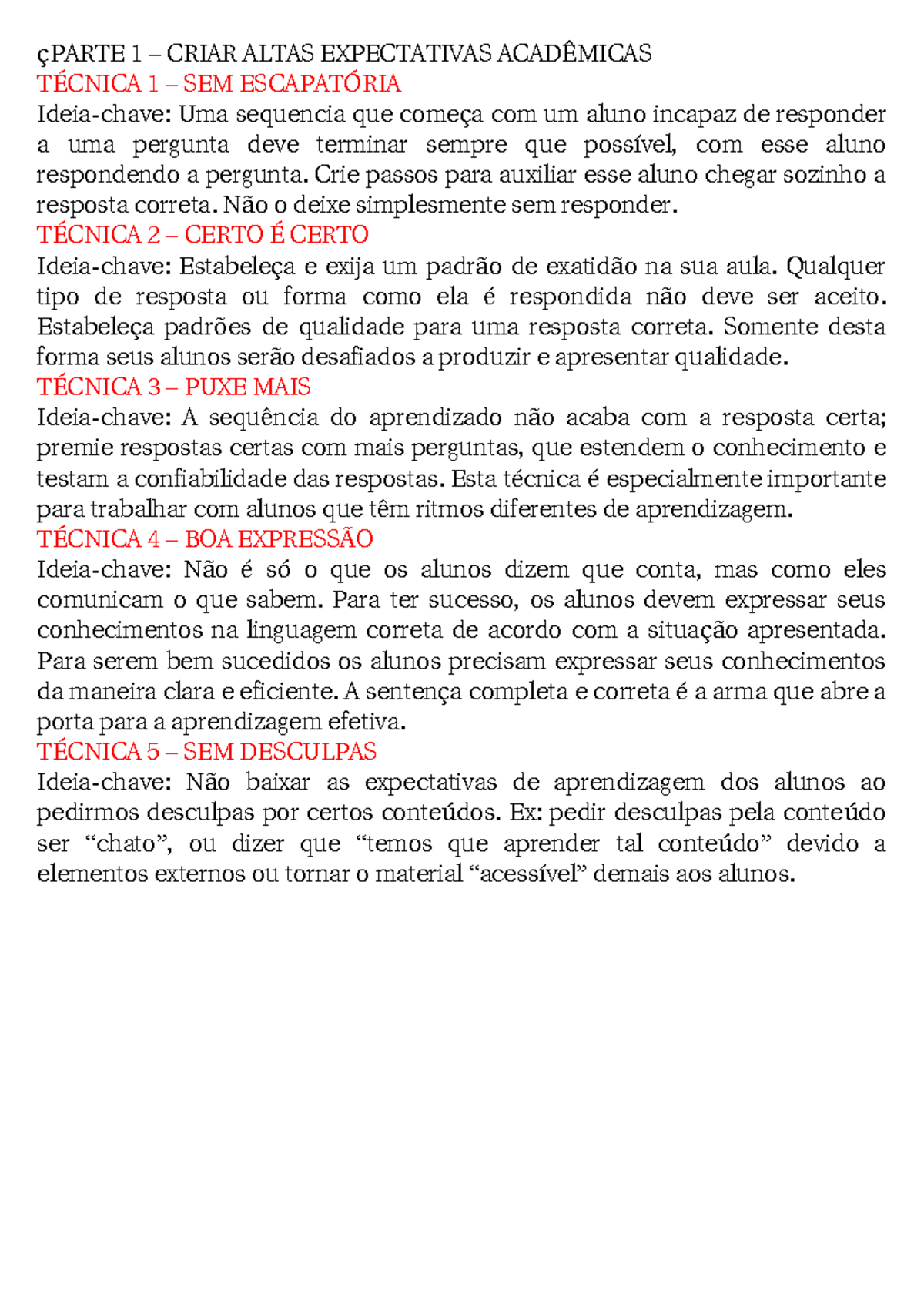 Resumo 49 técnicas de Lemov - çPARTE 1 – CRIAR ALTAS EXPECTATIVAS ...