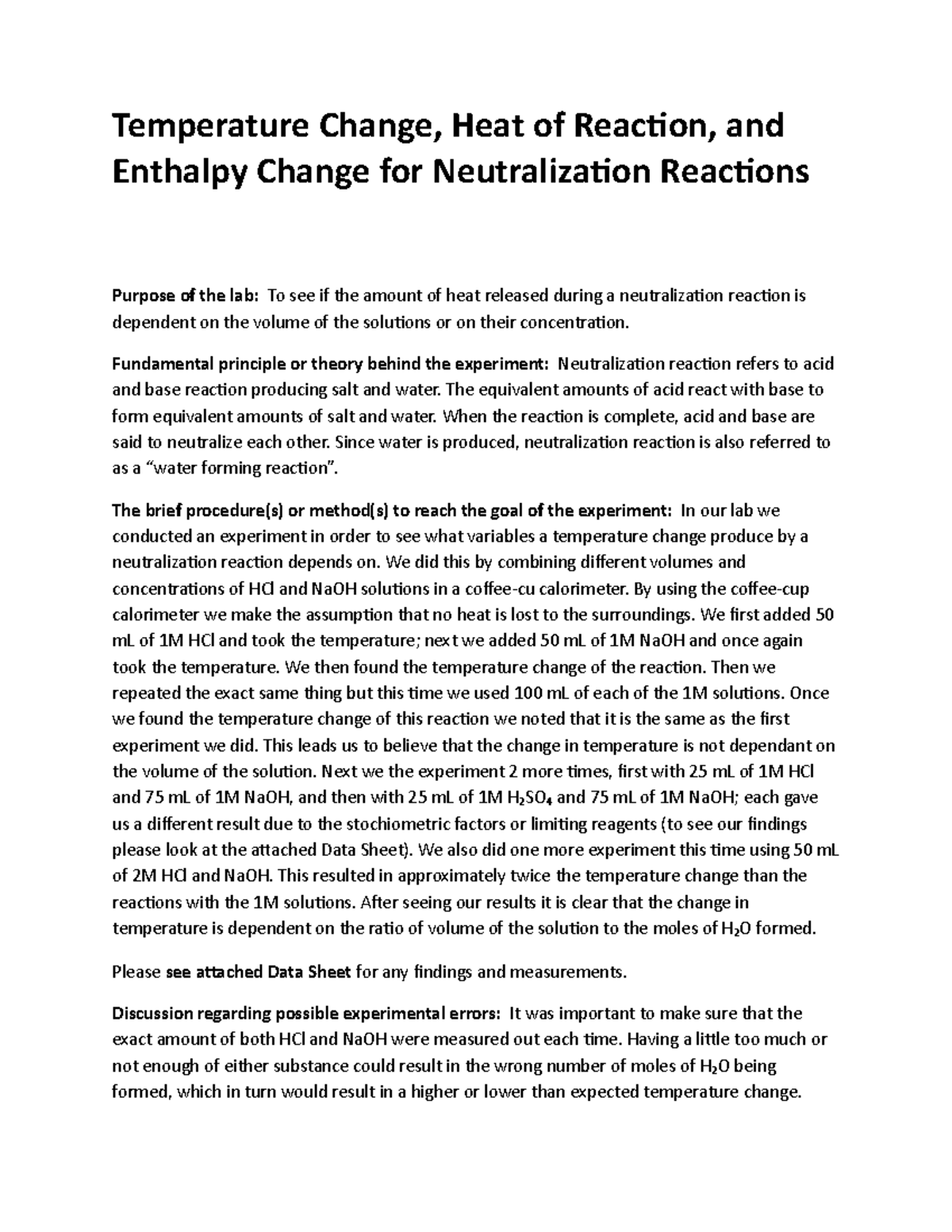 Neutralization Reactions - Temperature Change, Heat of Reaction, and ...