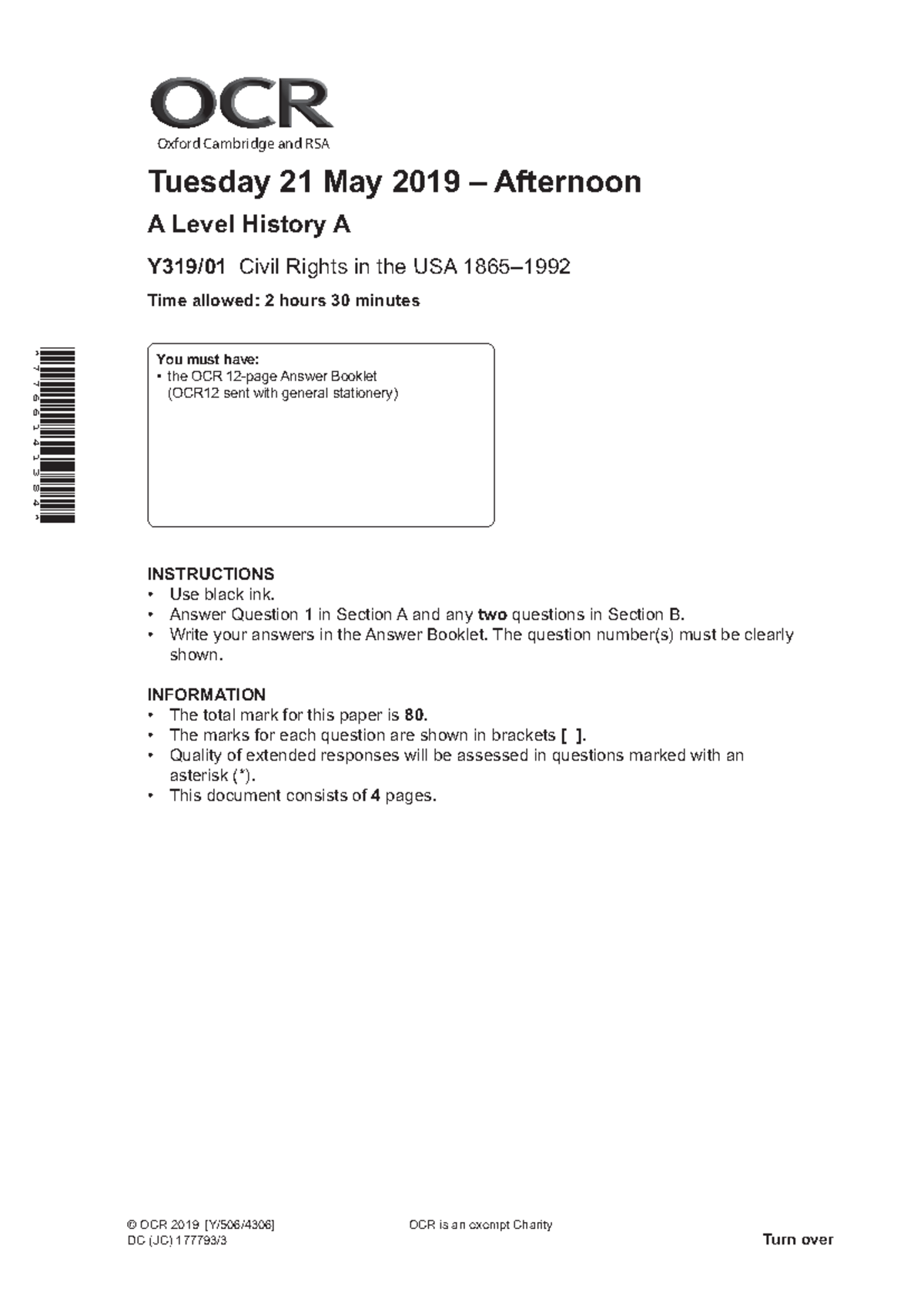2019 civil rights paper - 7 7 6 6 1 4 1 3 8 4 * Turn over © OCR 2019 [Y ...