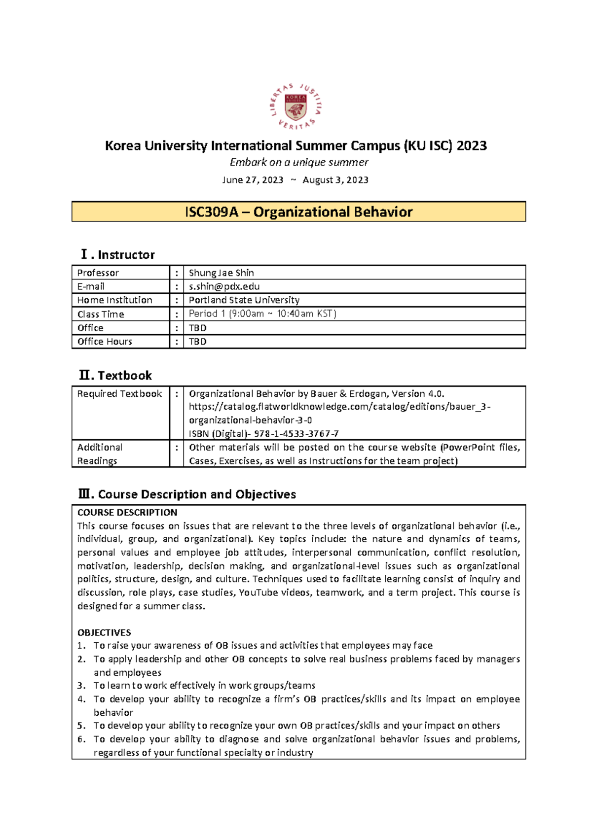 ISC309A Organizational Behavior Syllabus - Korea University ...