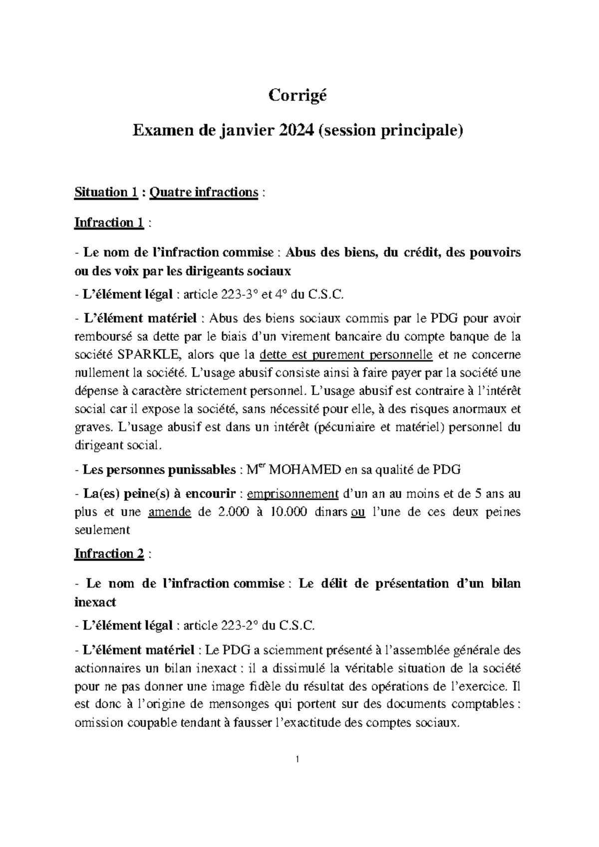 1-Corrig janv 2024 DV - hgfghjk - Corrigé Examen de janvier 2024 (session principale) Situation ...