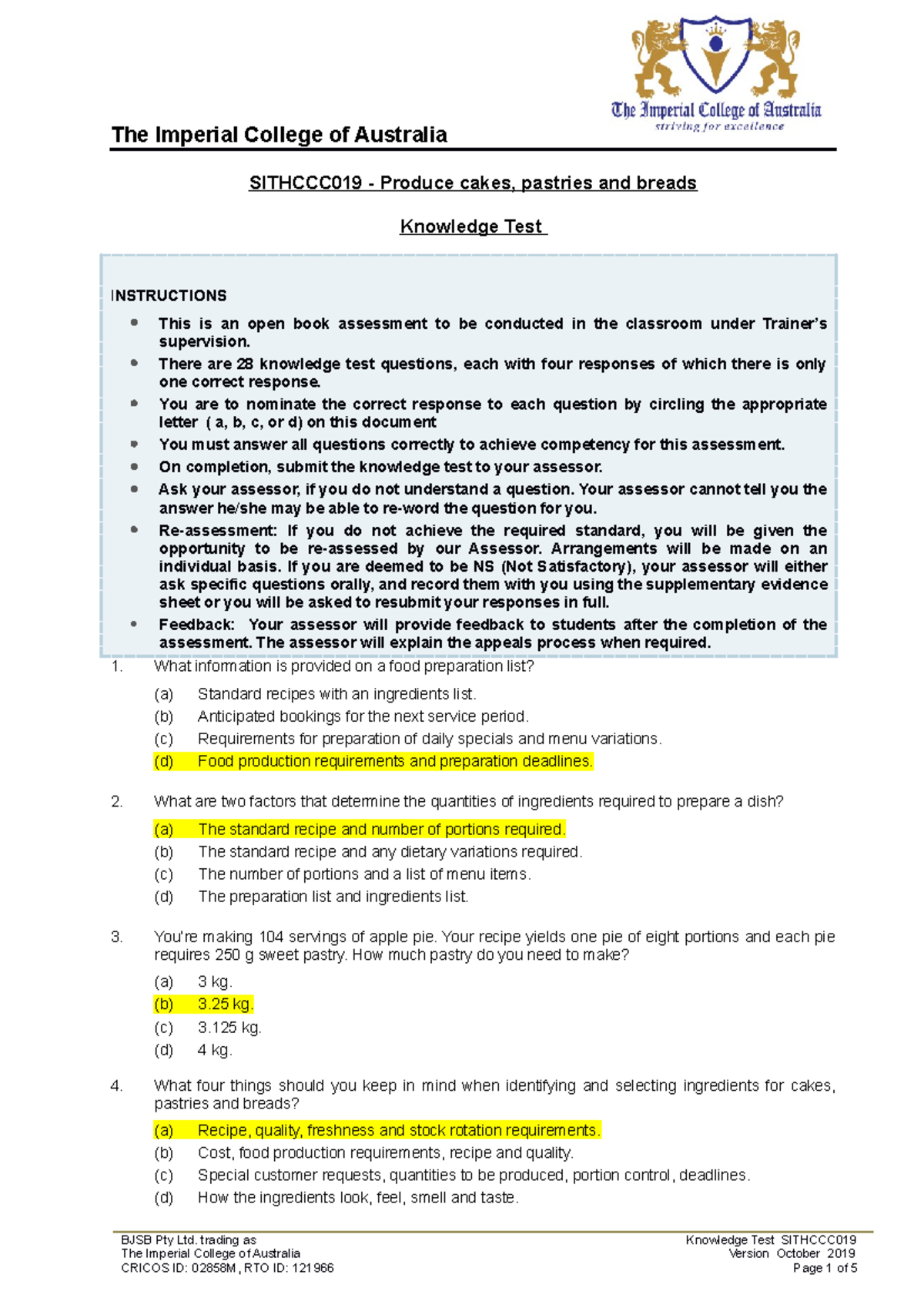 Sithccc 019 Knowledge Test - SITHCCC019 - Produce cakes, pastries and ...