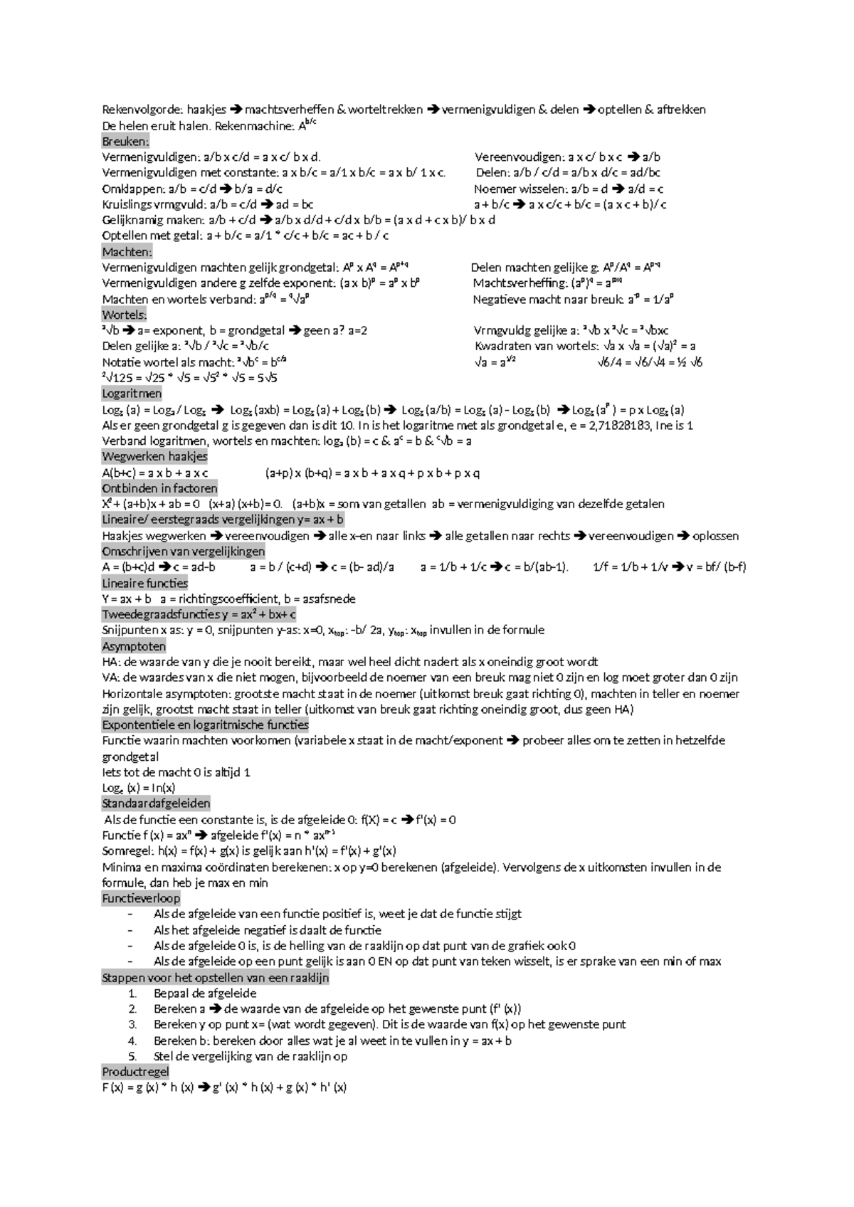 Samenvattend briefje wiskunde - Rekenvolgorde: haakjes machtsverheffen ...