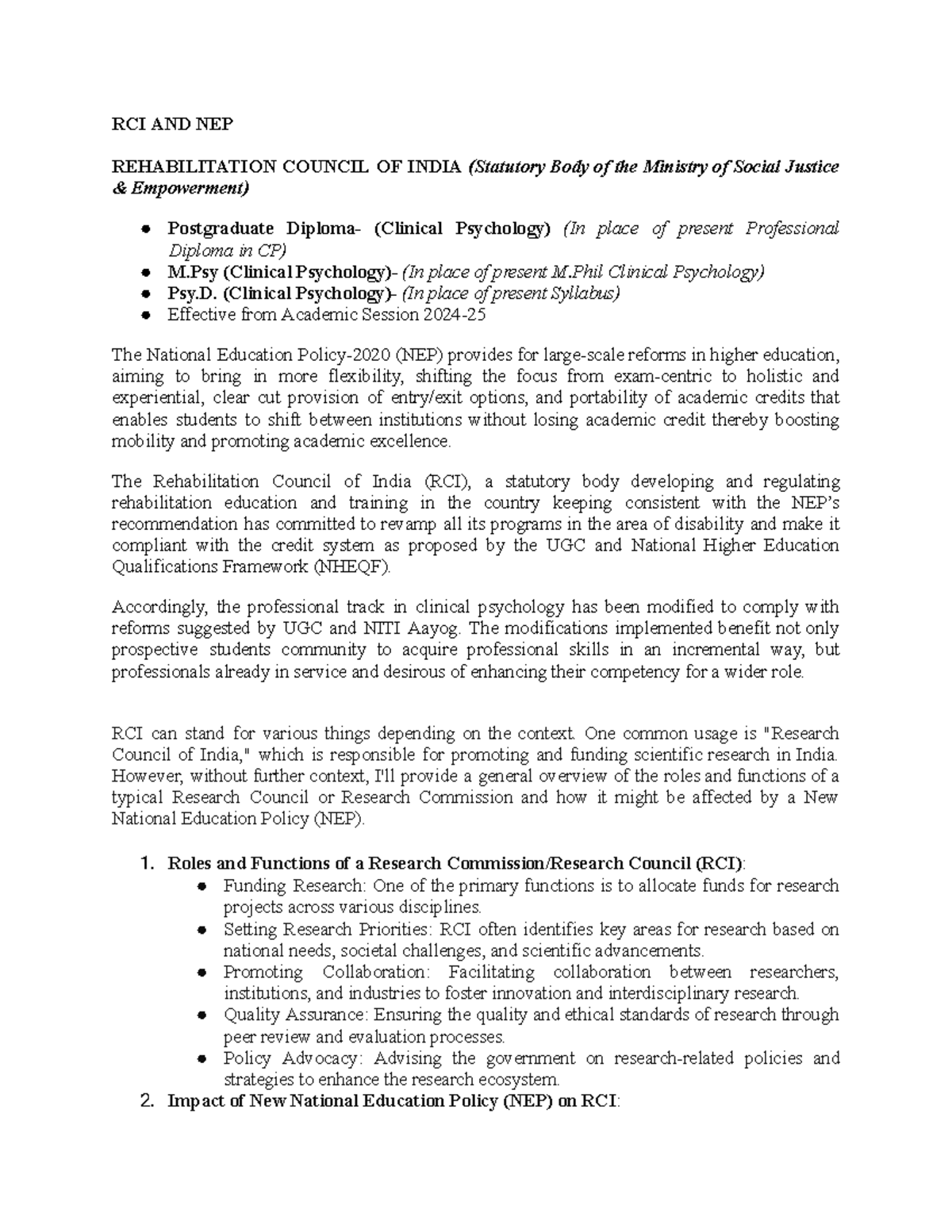 RCI AND NEP - COURSE MATERIAL - RCI AND NEP REHABILITATION COUNCIL OF ...